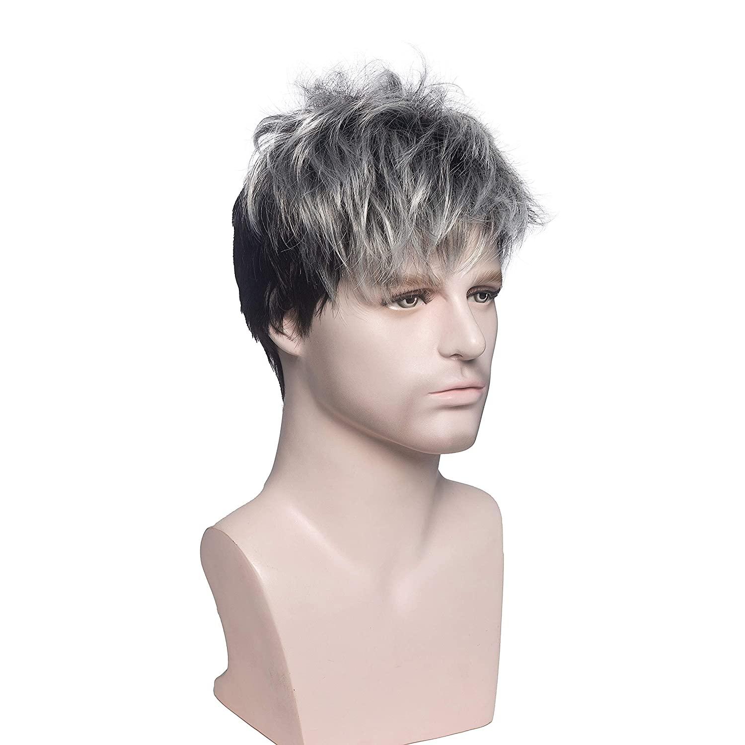 Men's Short Gray Synthetic Wig for Cosplay - Natural Straight Grey ...