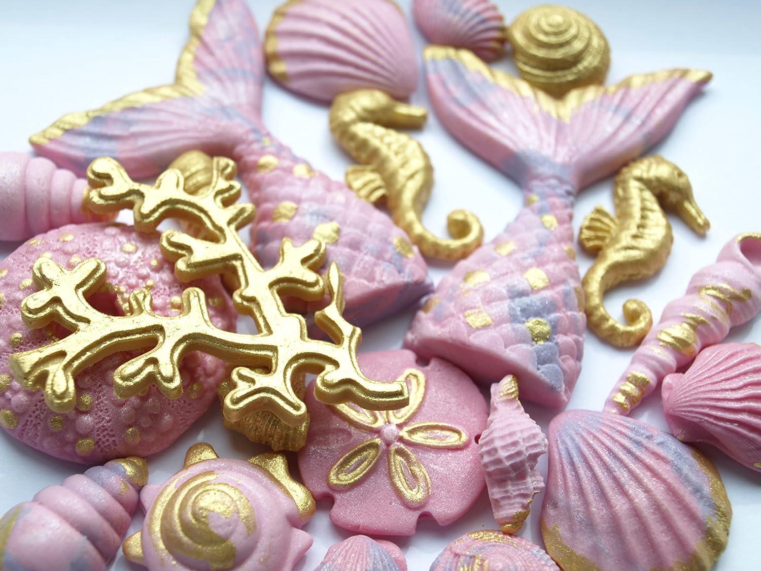 25x Edible Mermaid Tail Seashells Seahorse Gold Coral Under the sea ...