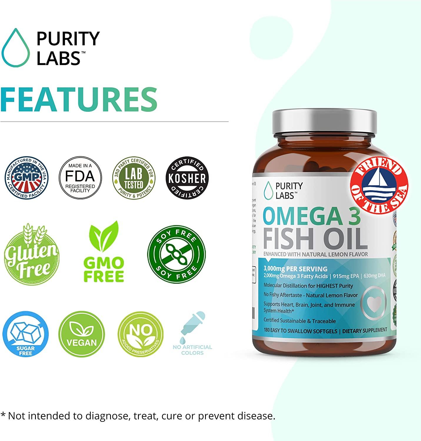 Purity Labs Omega 3 Fish Oil 3000mg - Vegan Supplements for Heart ...
