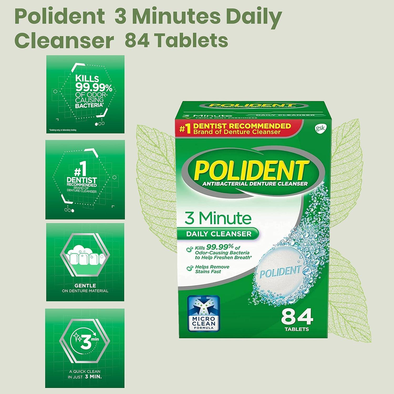 Polident 3-Minute Denture Cleaner 84 Tablets Bundle with Dentu-Care ...