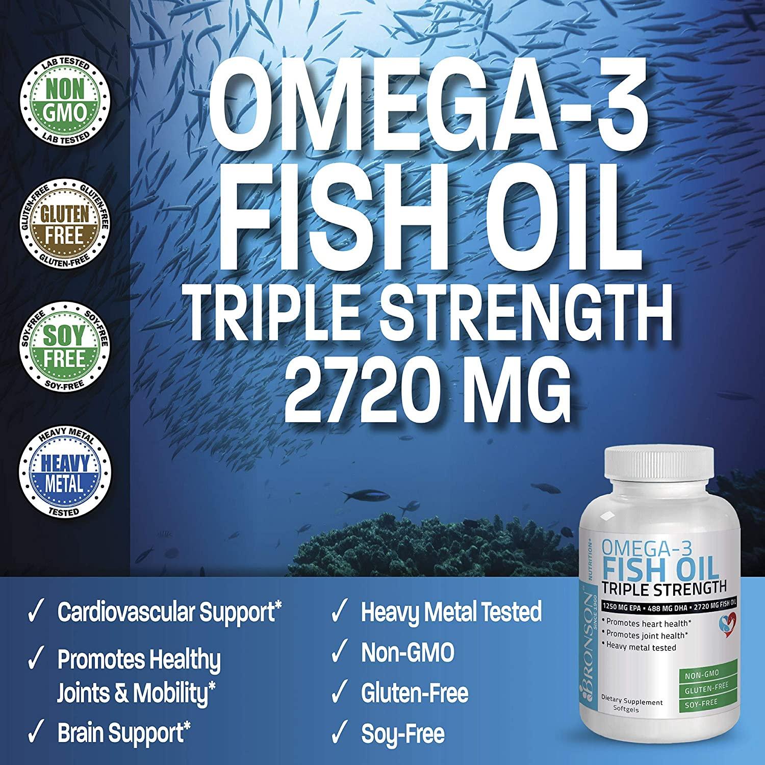 Bronson Omega-3 Fish Oil Triple Strength 2720mg High EPA 1250mg DHA ...
