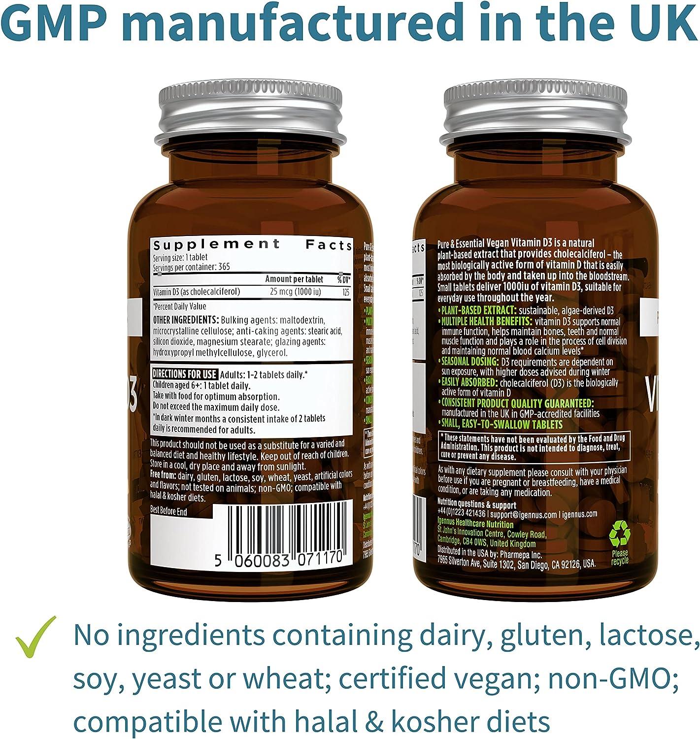 High Absorption Vegan Vitamin D3 1000IU 365 Tablets | Non-GMO & Plant ...