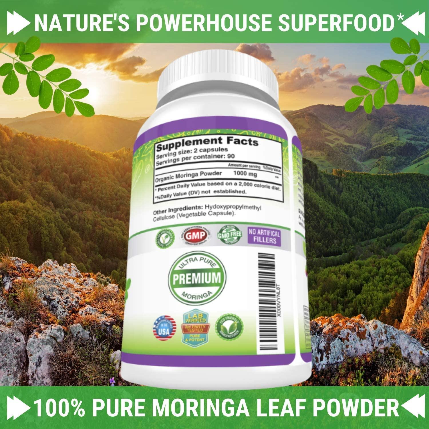 Moringa Oleifera 180 Capsules | 100% Pure Leaf Powder | 1000mg Per Serving | Green Superfood ...