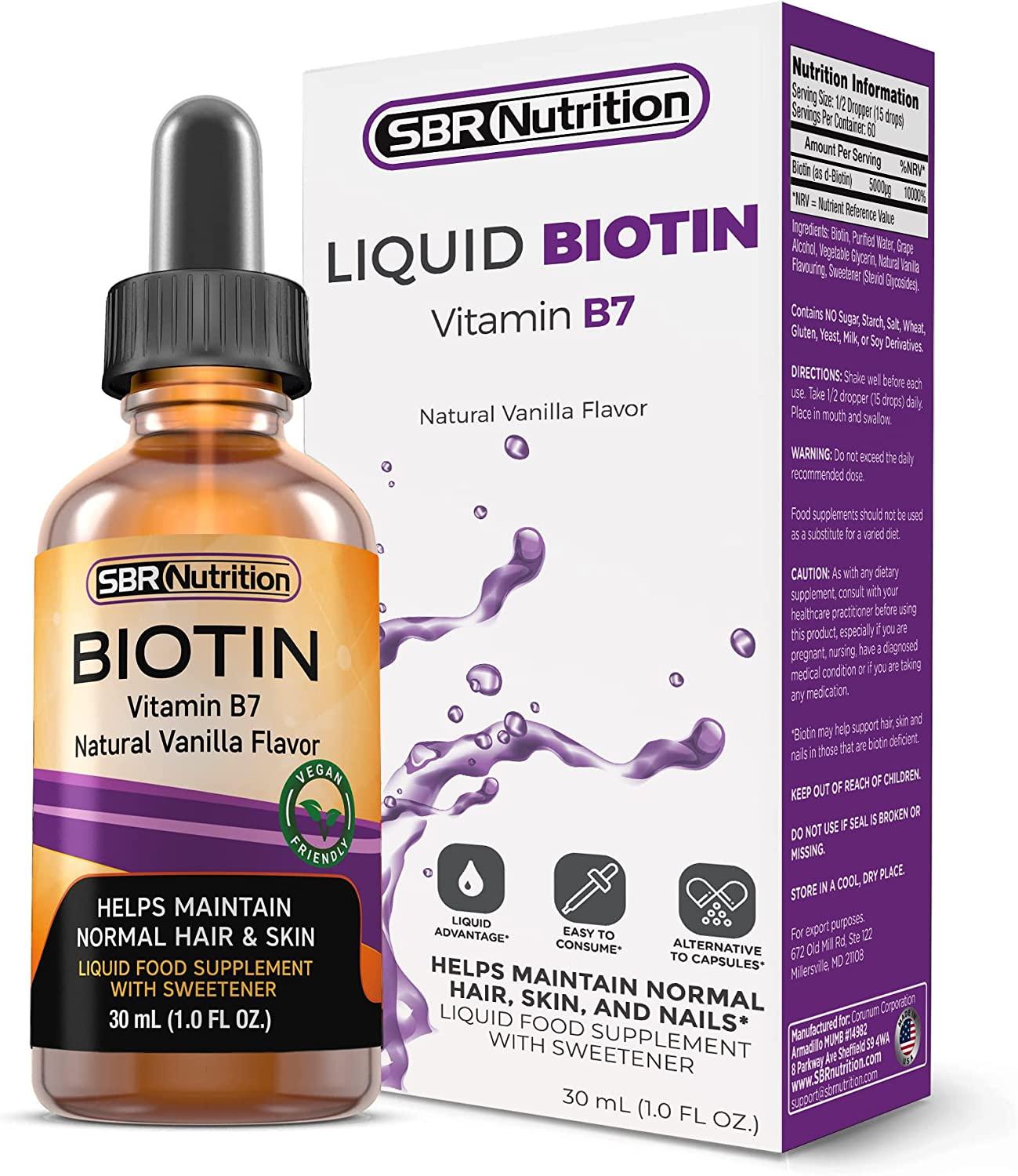 SBR Nutrition Biotin Liquid Drops 5000mcg - 60 Servings, 1.0Fl.oz (30ml ...