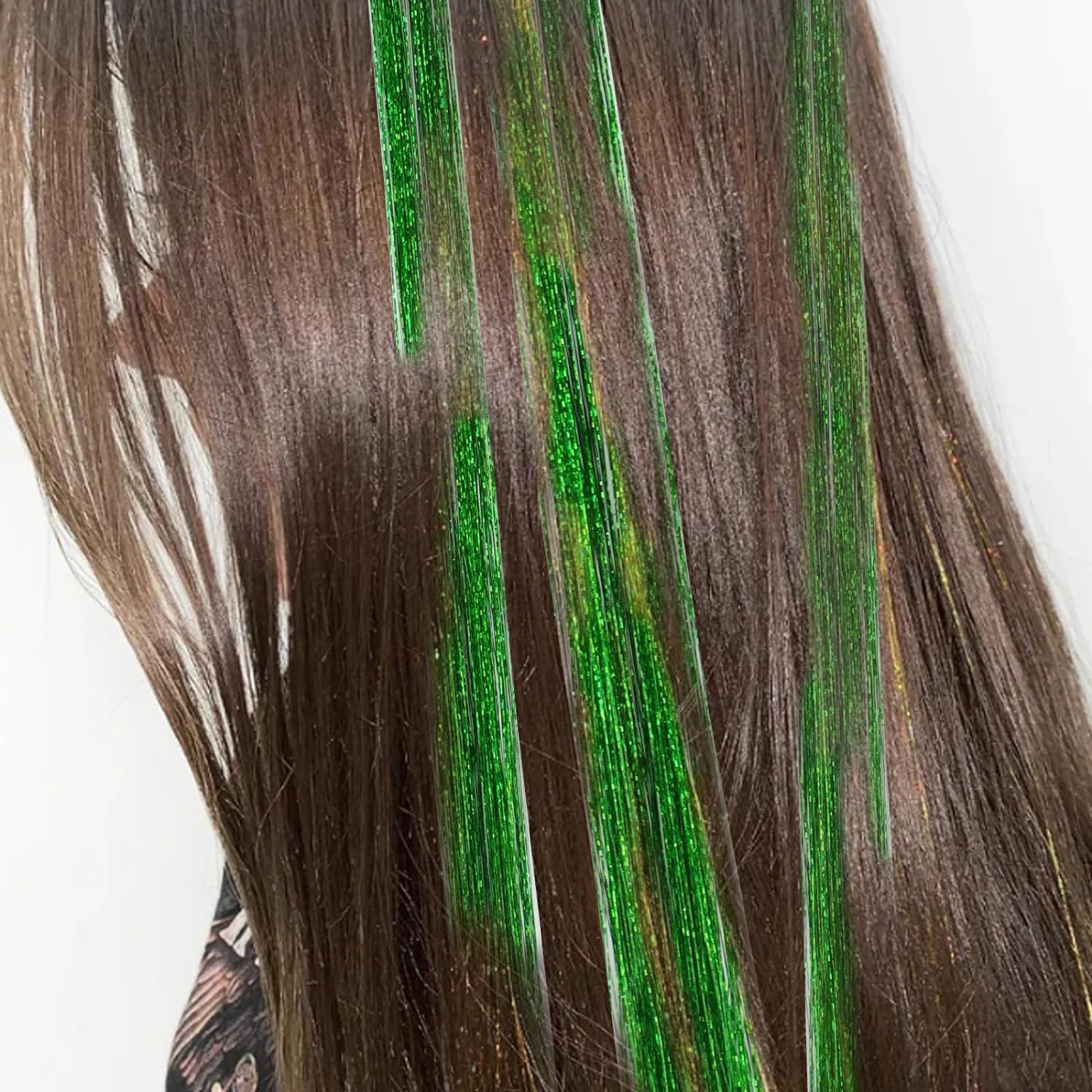 Sparkling Green Hair Tinsel Extensions Kit - 200 Strands, Heat ...