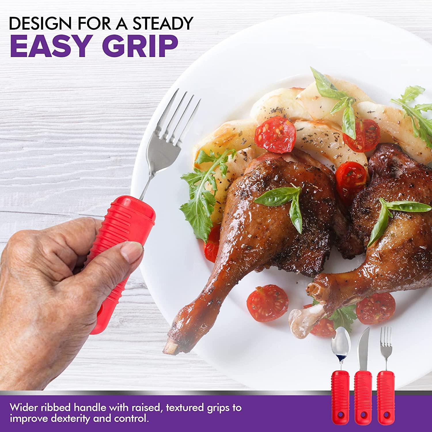 Bendable Red Flatware Set with Easy Grip Handles - 3 Piece Large Fork ...
