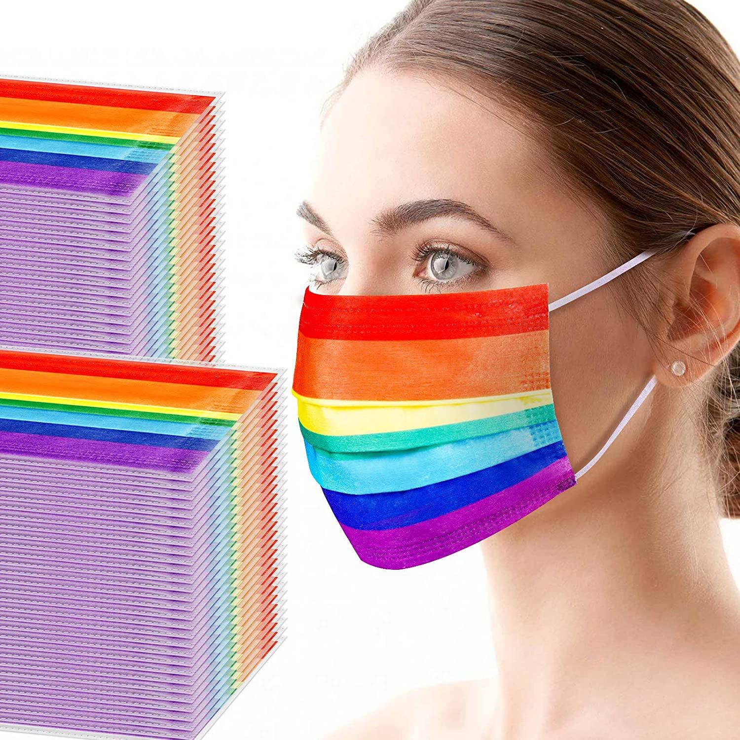 Tomorotec 60PCS Rainbow Disposable Face Masks with Purple Elastic Ear ...