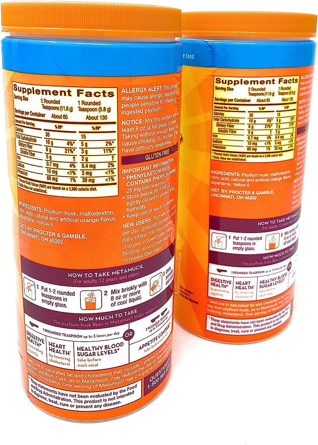 Metamucil Sugar Free Fiber Supplement, Orange Smooth, 260 Servings, 1.7 ...