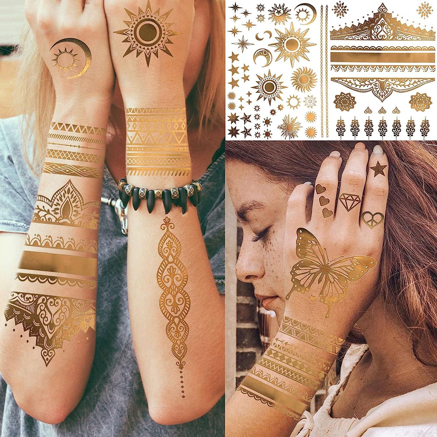 Bilizar 9 Sheets Flash Gold Temporary Tattoos - 110+ Designs Metallic ...