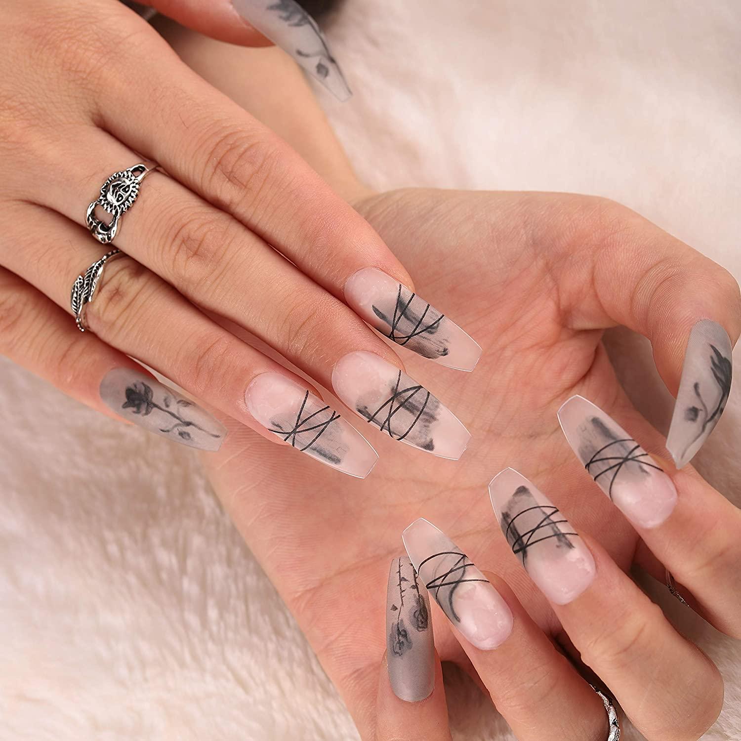 Blufly Matte Ombre Black Press on Nails - Extra Long Square Coffin Fake ...