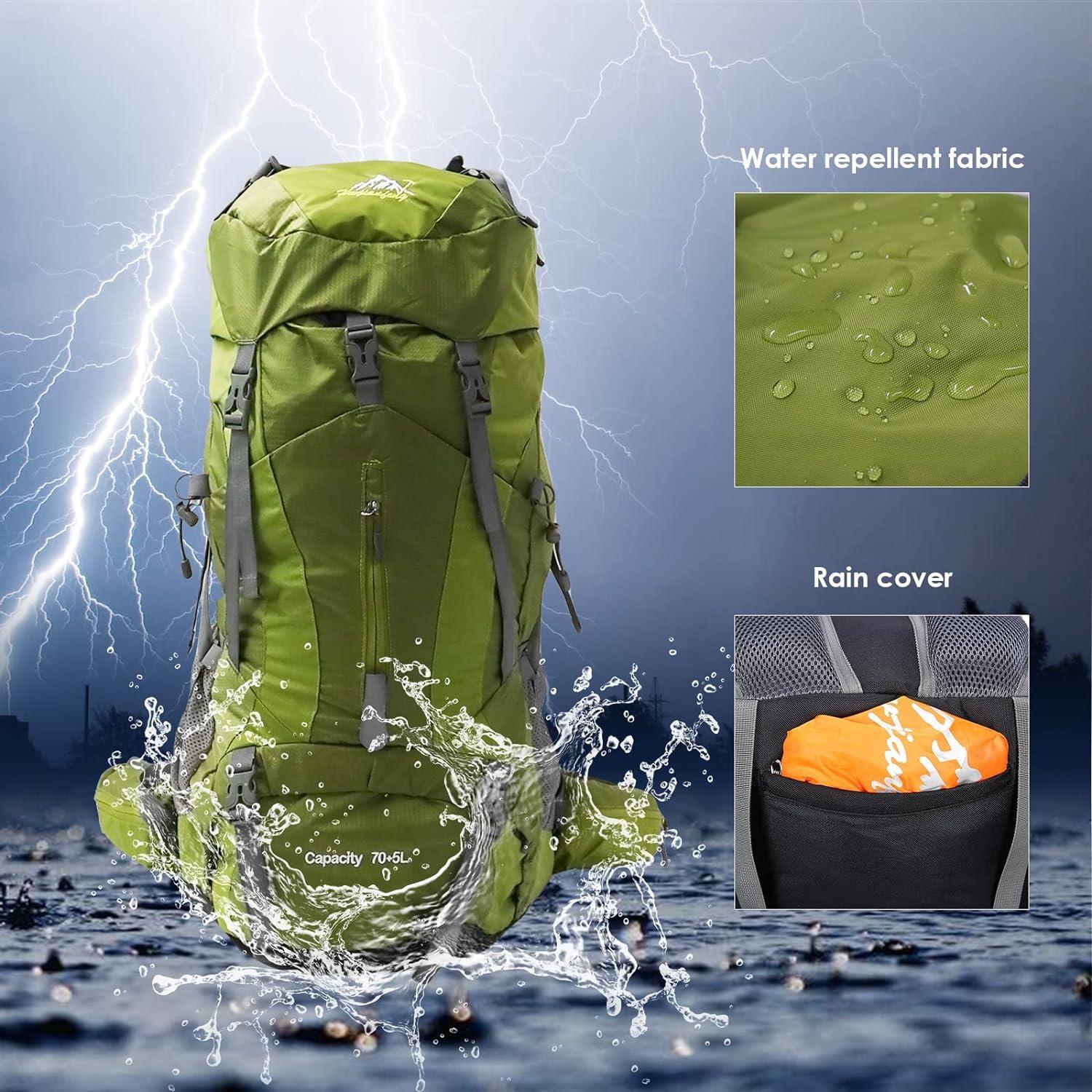 WintMing 75L Waterproof Hiking Backpack with Rain Cover - Olive Green ...