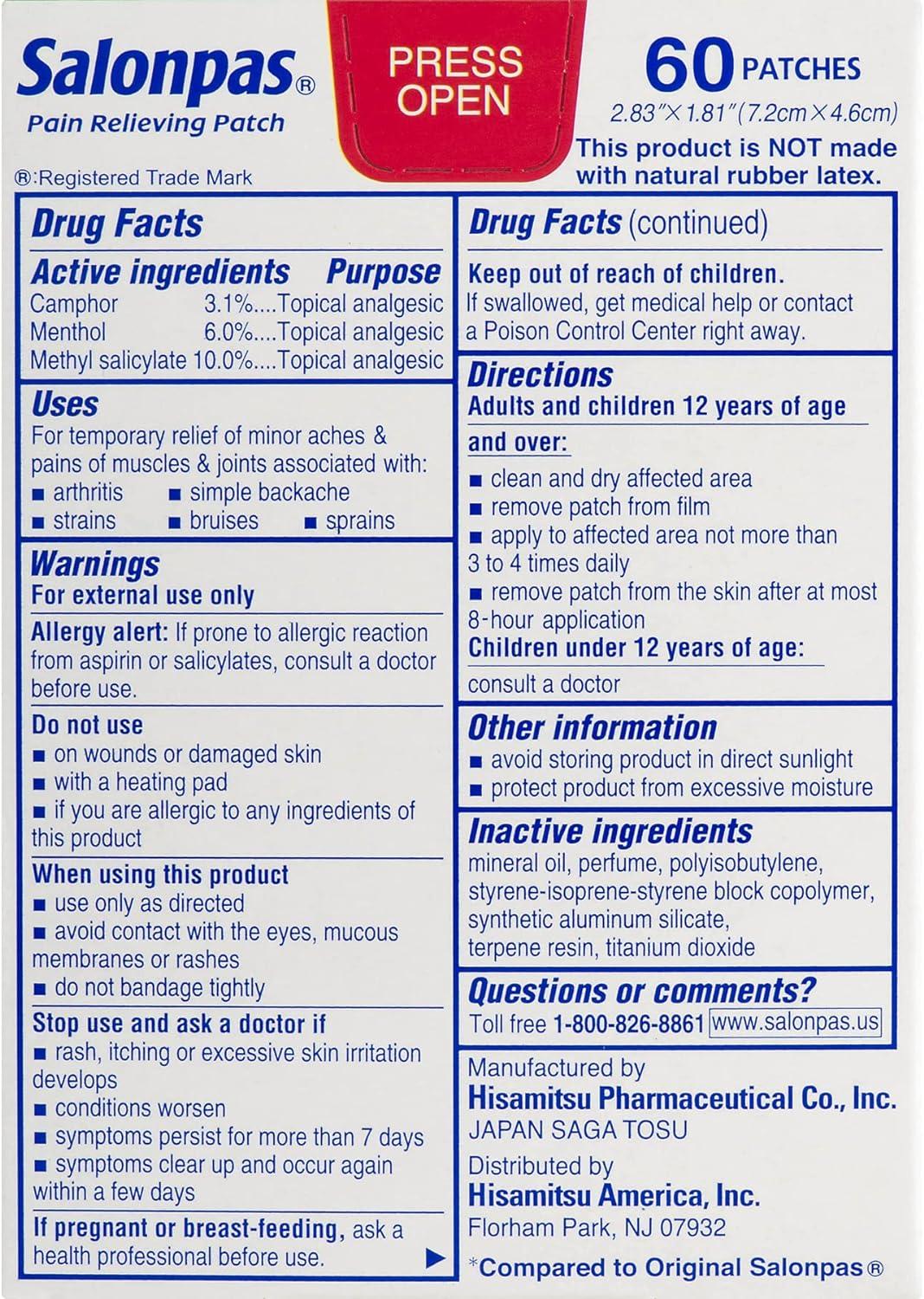 Salonpas Pain Relief Patches 60 ea - Pack of 5 | Fast-Acting Relief ...