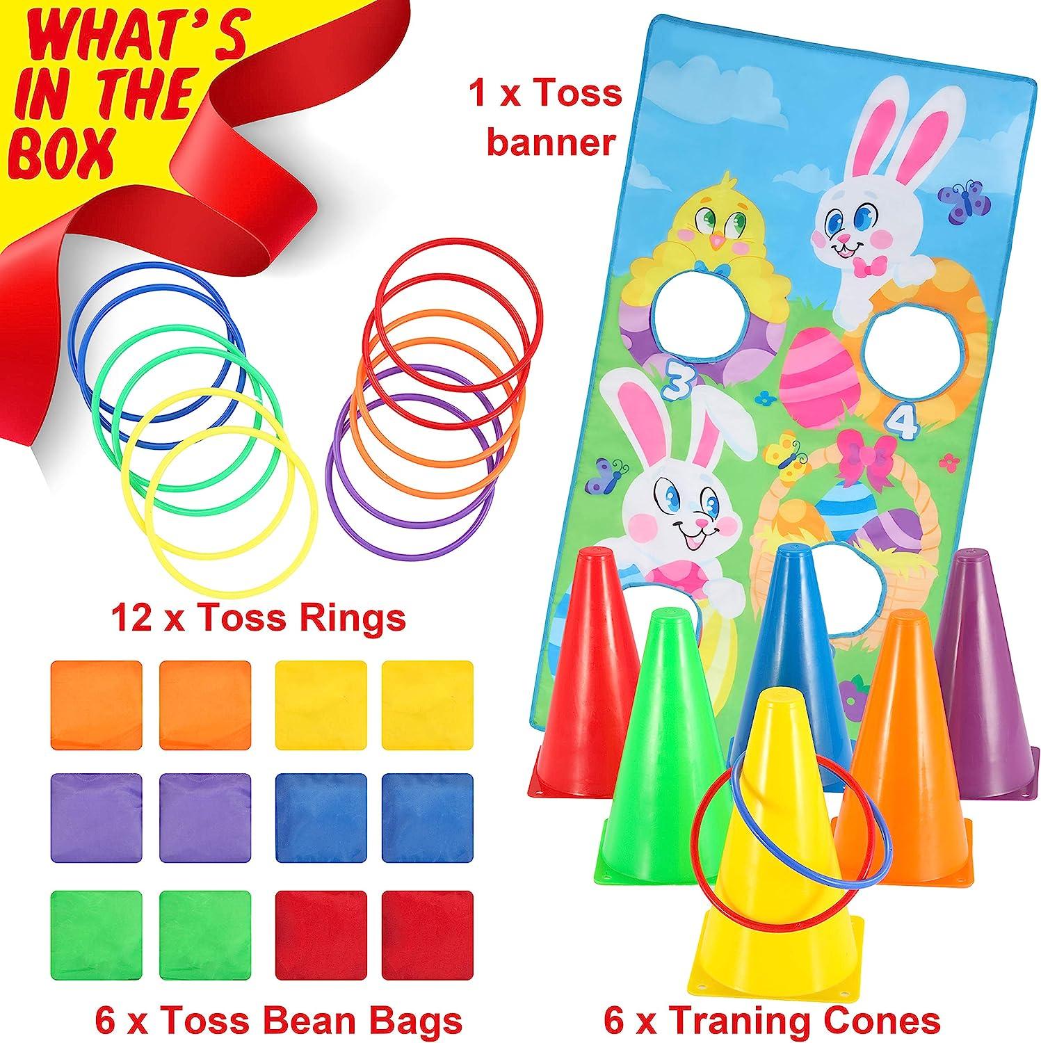 JOYIN Easter Toss Game Set - 12 Bean Bags, Rings, Cones & Bunny Banner ...