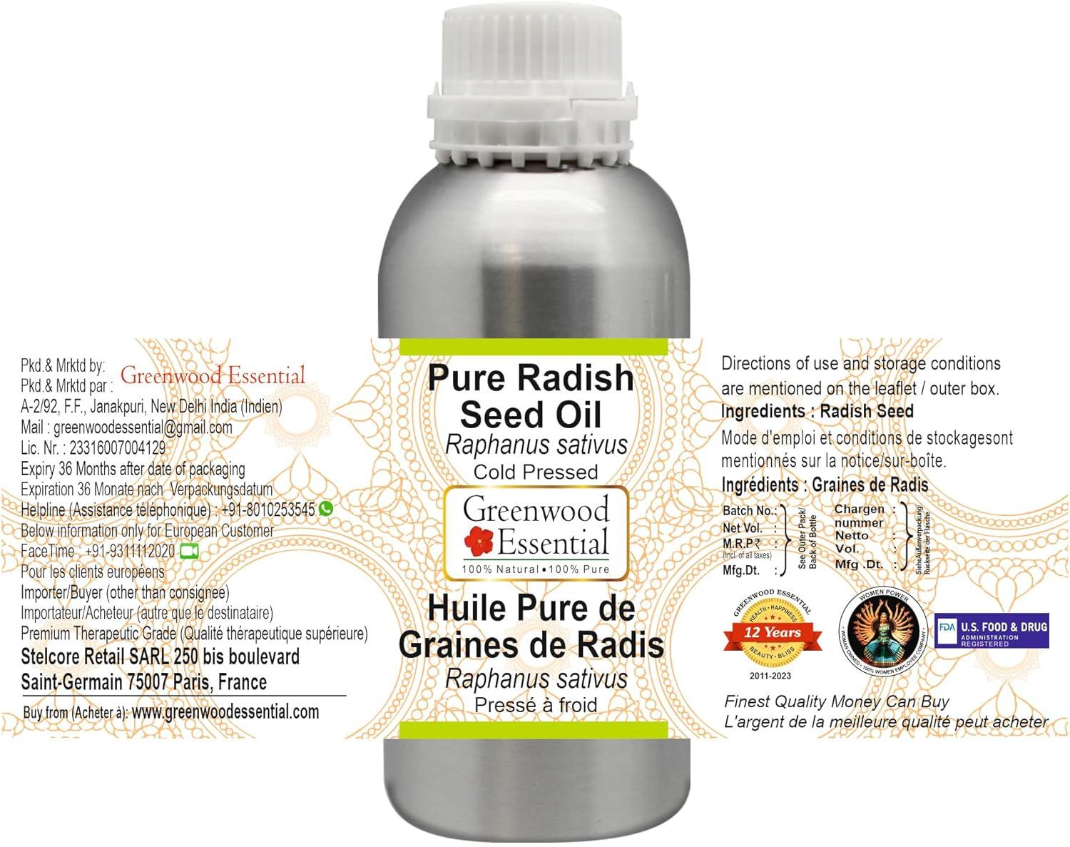 Greenwood Essential Pure Radish Seed Oil 300ml - Cold Pressed Therapeutic Grade Raphanus Sativus ...