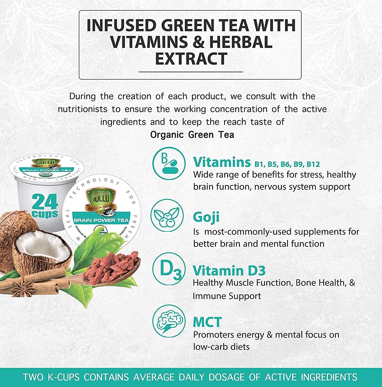 SOLLO Brain Power Organic Green Tea Pods with MCT, Acai & Vitamins ...