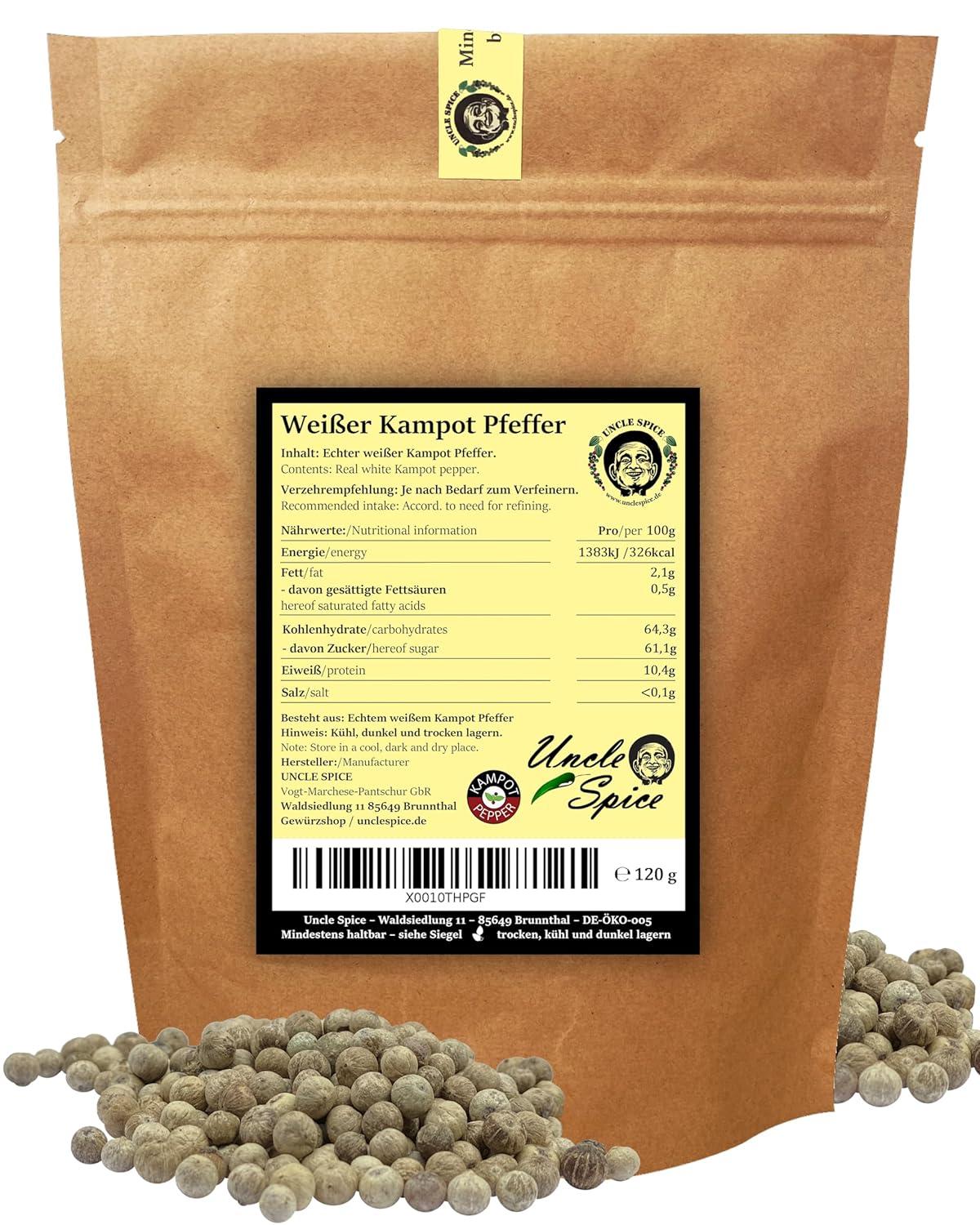 Uncle Spice White Kampot Pepper - Premium 120g Whole Sun-Dried Pepper ...