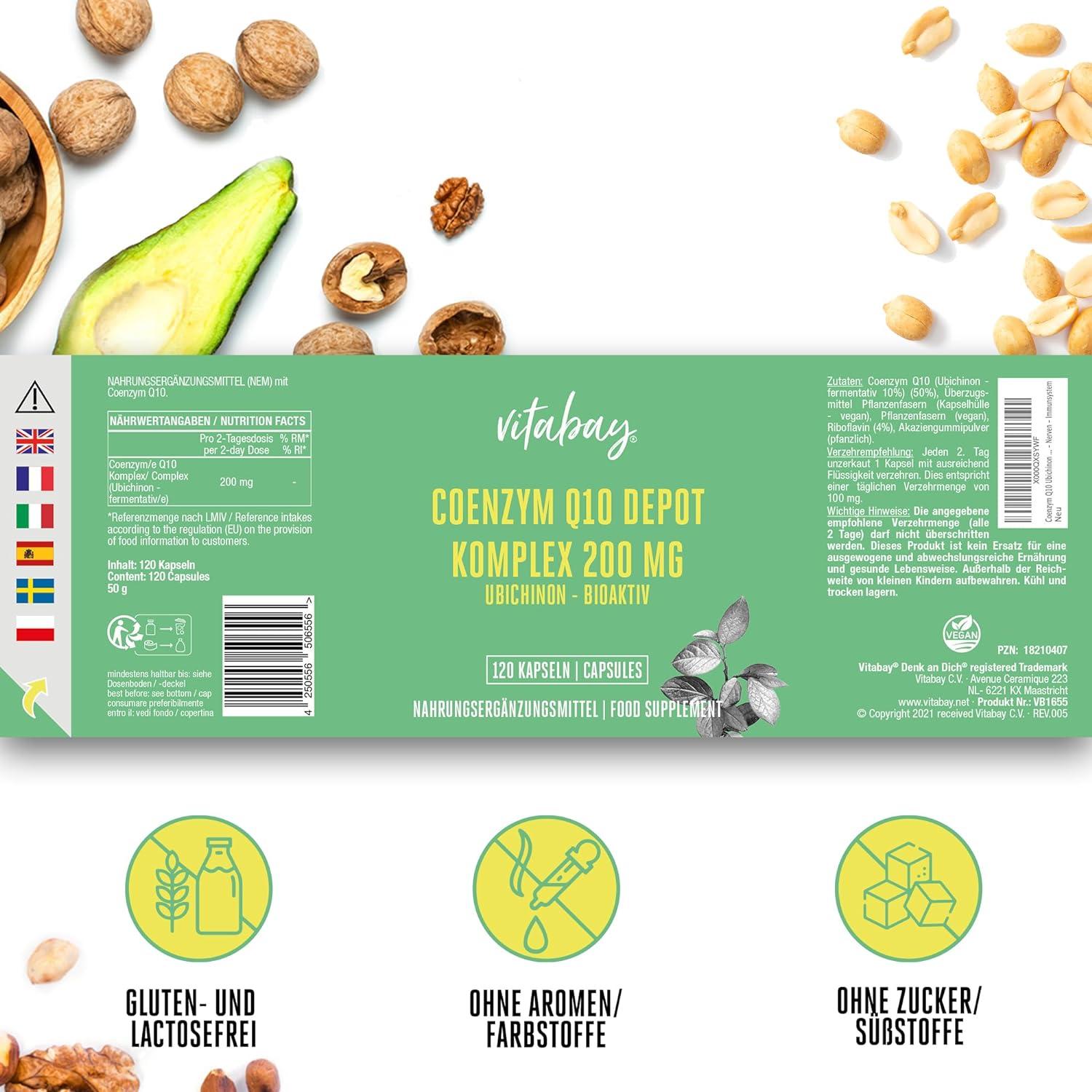 VITABAY Coenzyme Q10 Capsules 200mg - High Dose Vegan Antioxidant - 120 Count for Enhanced ...