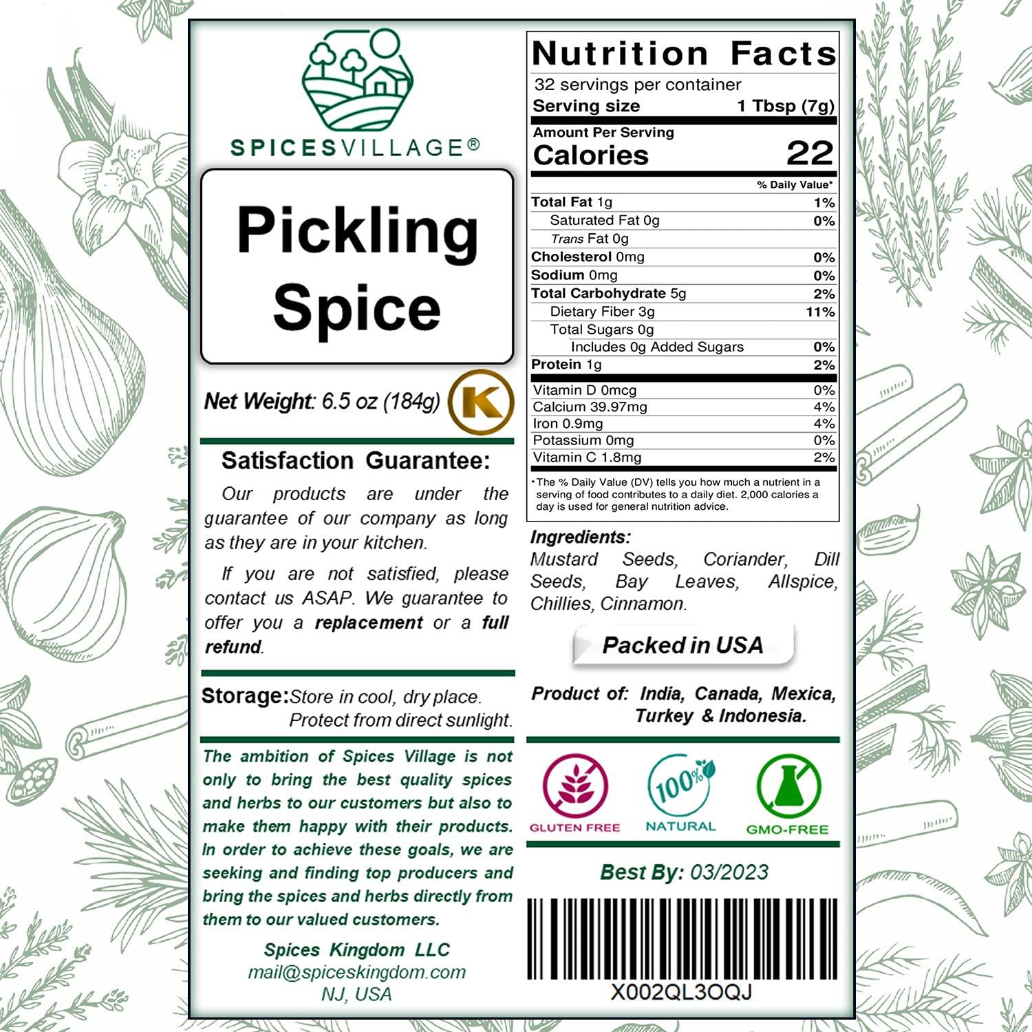 Spices Village Pickling Spices [6.5oz] - All-Natural Mix for Pickling ...