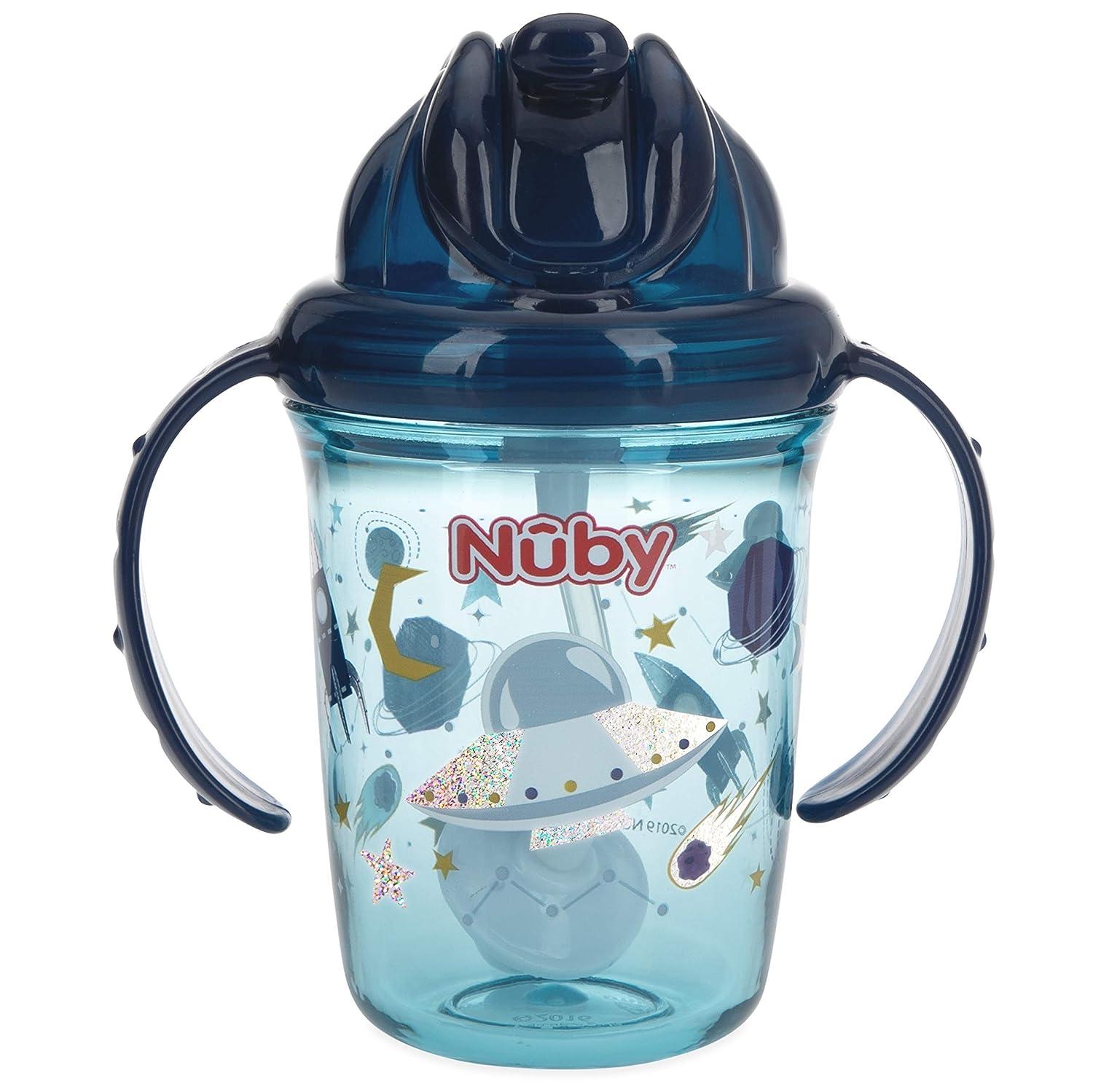 Nuby No Spill Flip N Sip 2 Handle Tritan 360 Weighted Straw Glitter Print - 8oz/ 240 Ml/ 12 M+ ...