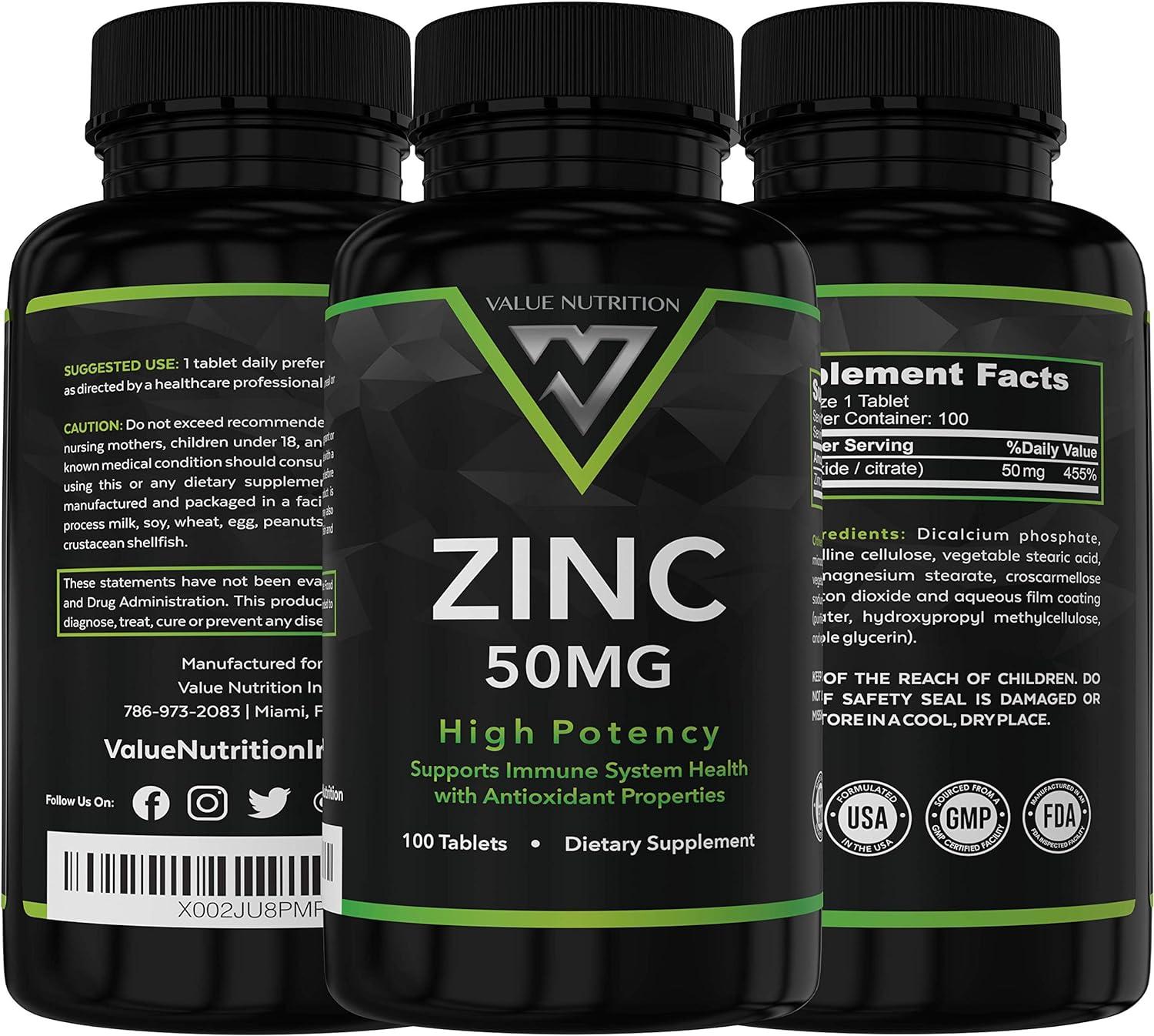 Zinc 50mg Immune Support Supplement - 100 High Potency Tablets ...