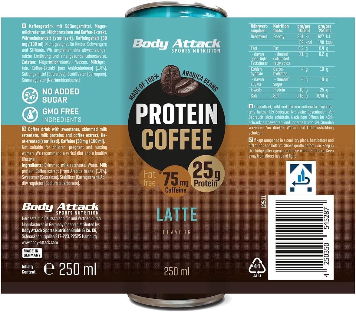 Body Attack Protein Coffee Latte - 12x250ml | Iced Coffee with 25g ...