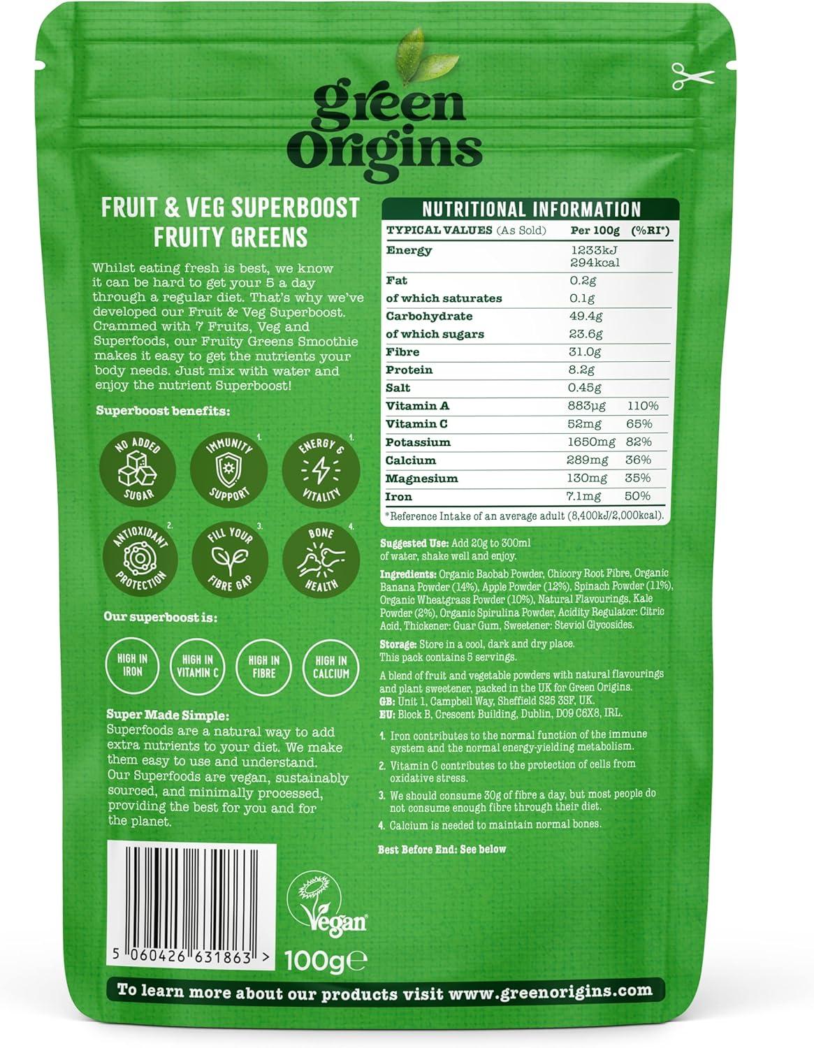 Green Origins Fruity Greens Superboost 100g - Organic Fruit & Veg Blend ...