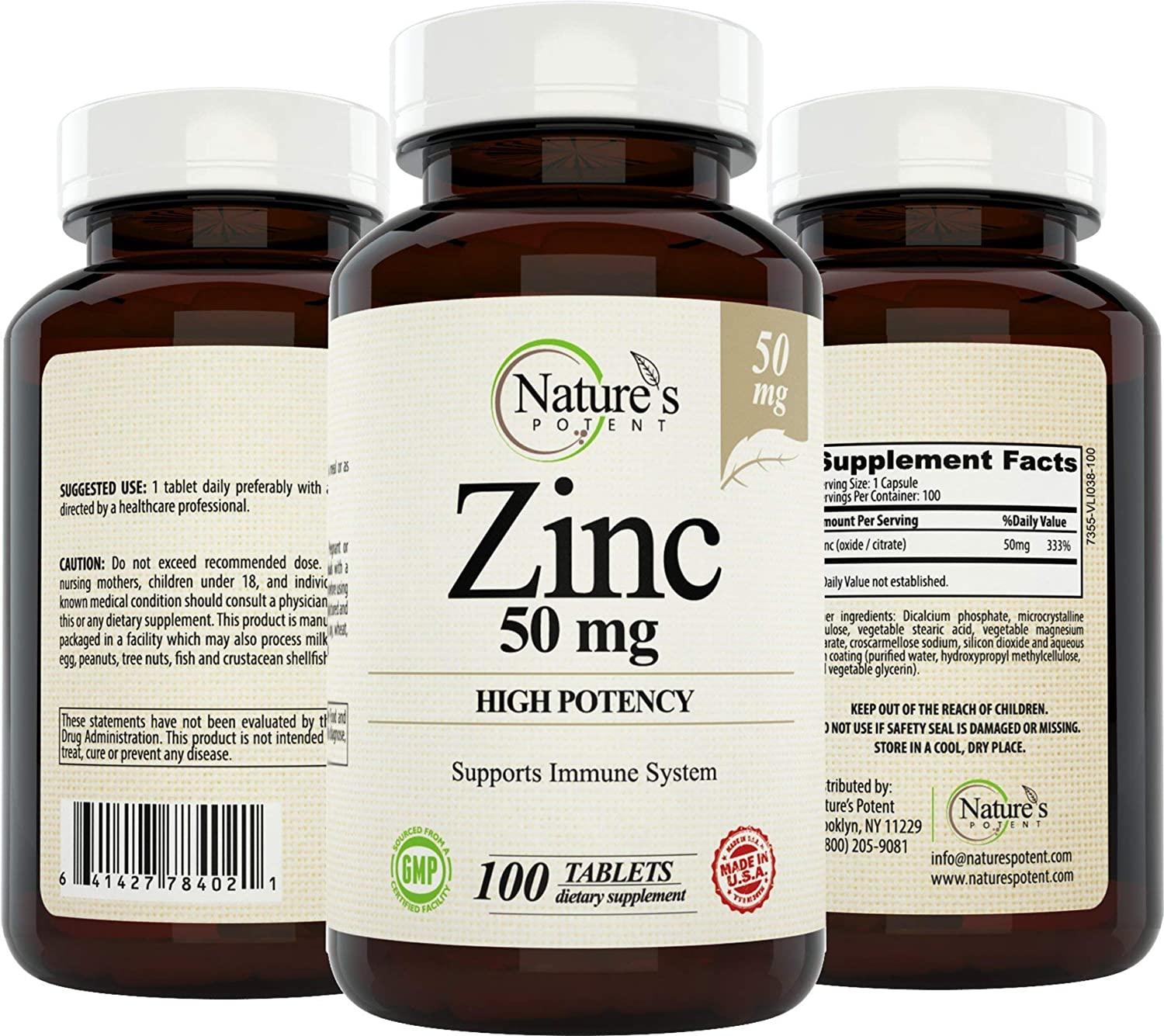 Nature's Potent Zinc 50mg High Potency Supplement - Immune Support with ...