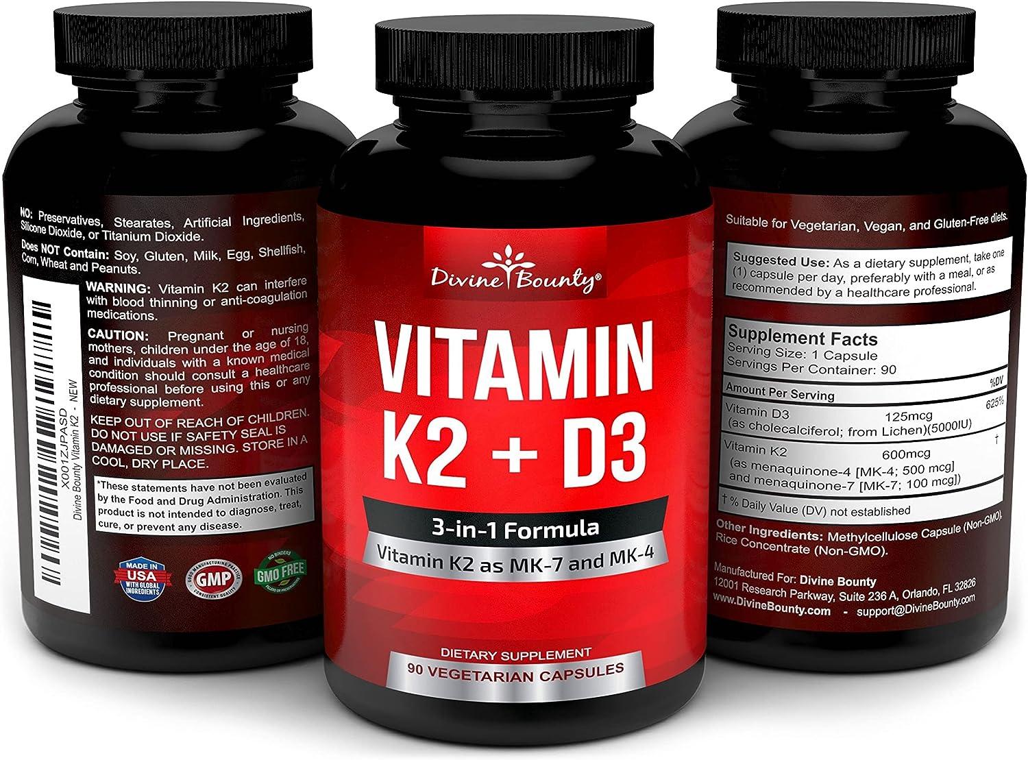 Vitamin K2 (MK7 & MK4) with D3 Supplement - 3-in-1 Formula for Bone and ...