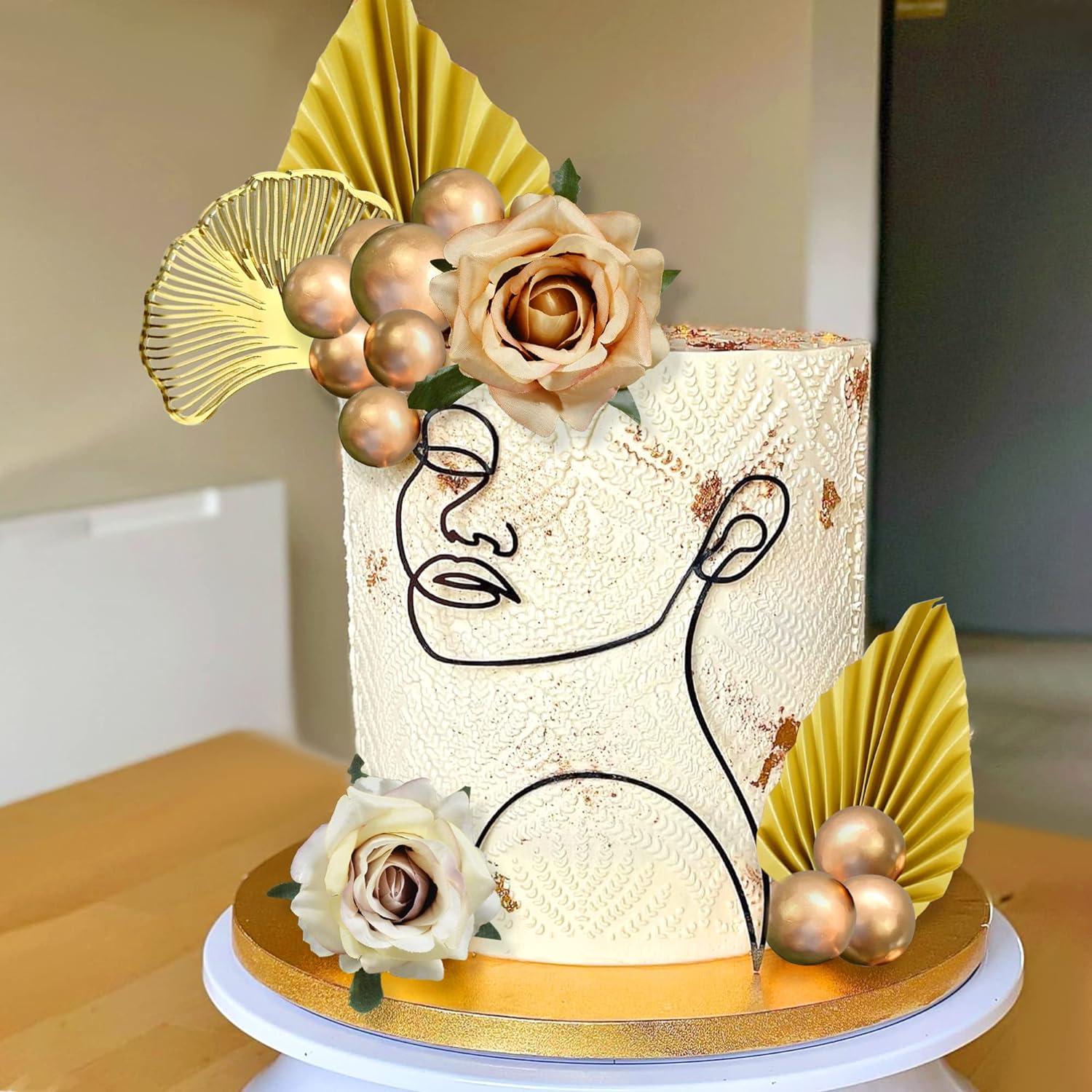 Champagne Acrylic Lady Face Cake Topper with Gold Leaves for Wedding ...