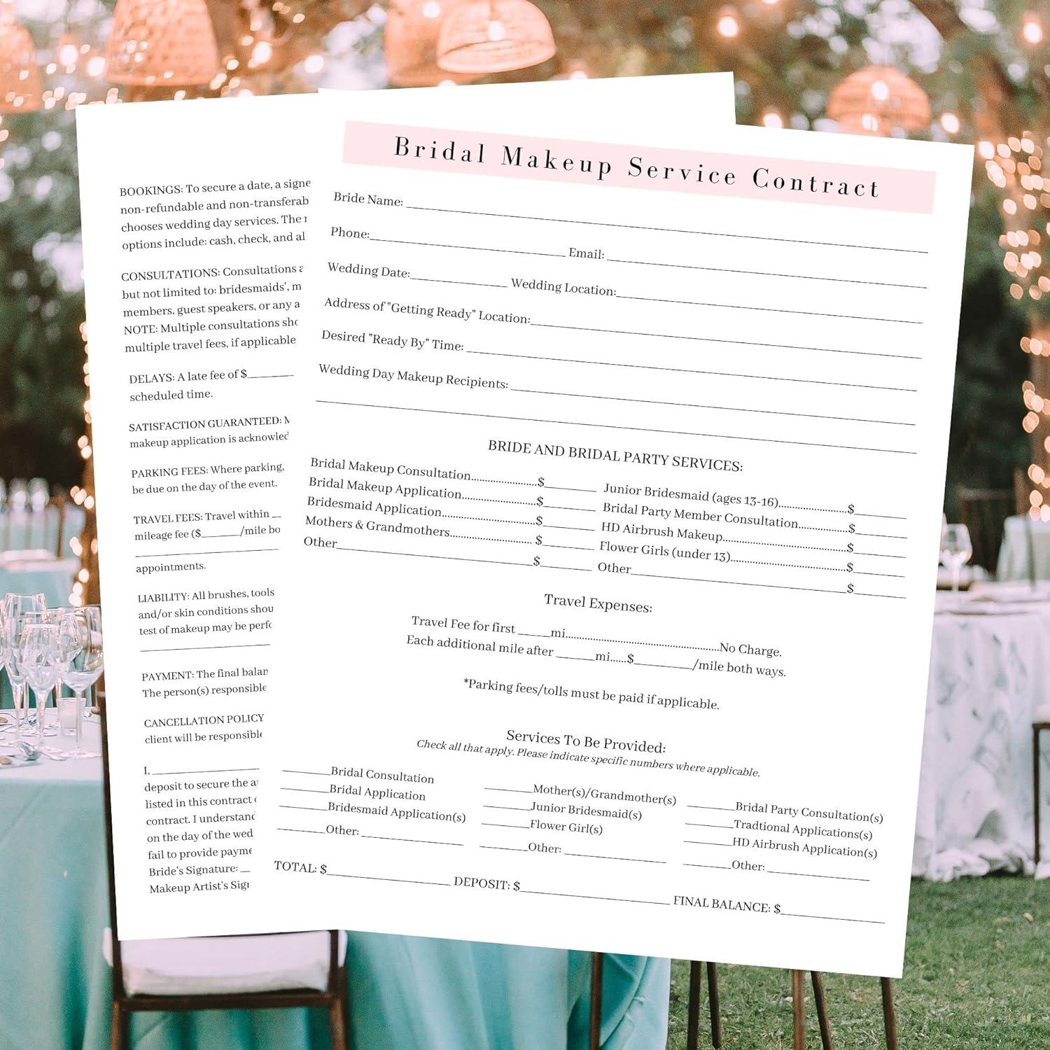 Bridal Makeup Service Contract | 50 Pack | Makeup Artist Supplies | 8.5 ...
