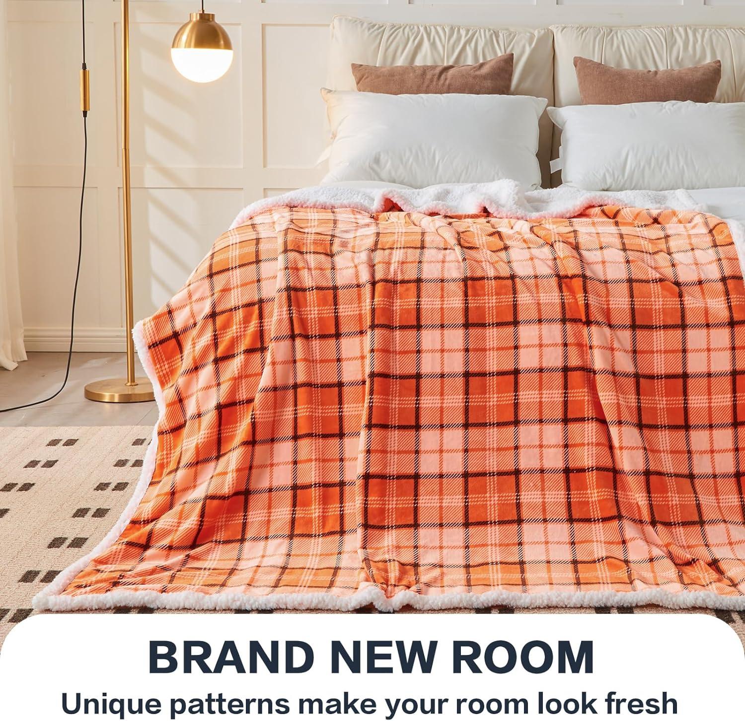 Orange Plaid Sherpa Throw Blanket 60x80 - Cozy & Soft Reversible Flannel Fleece for Couch, Bed ...