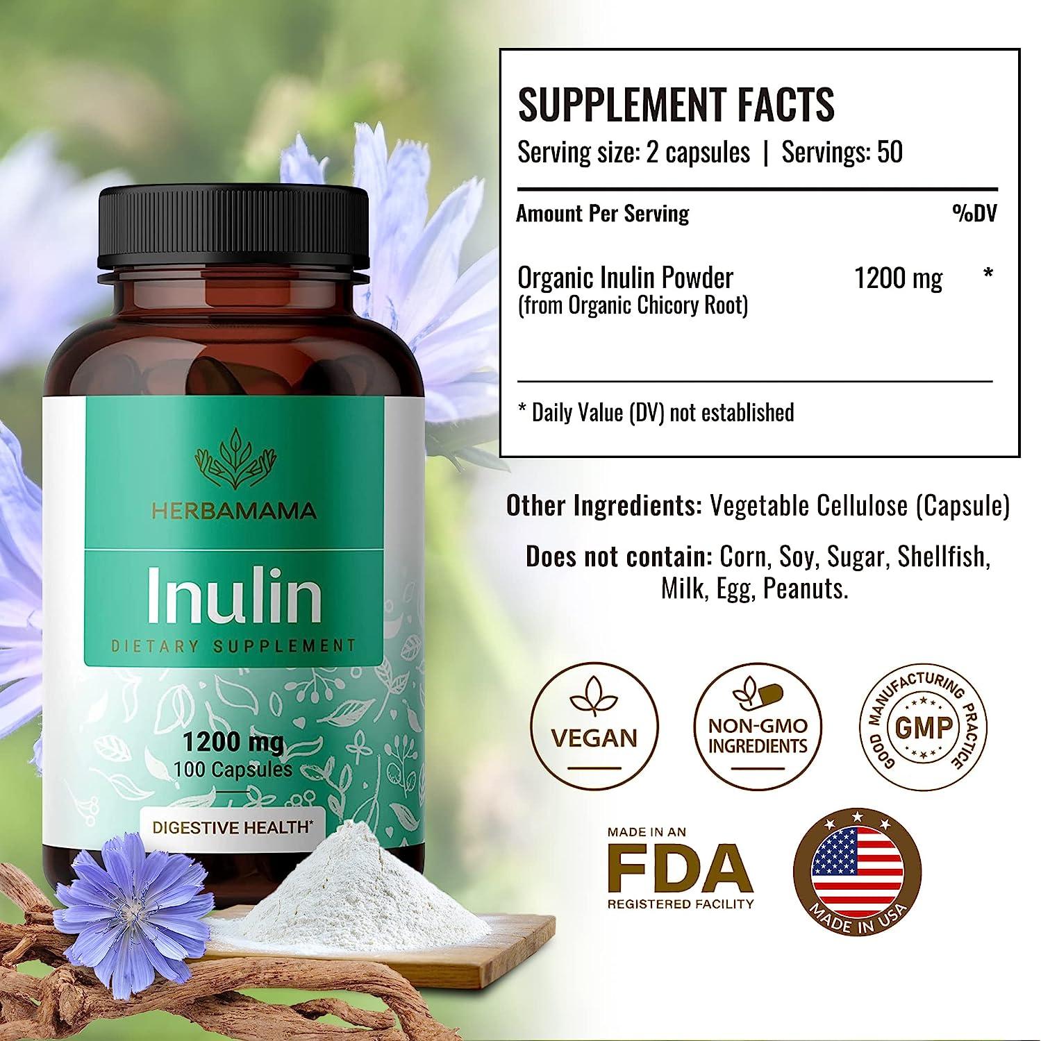 HERBAMAMA Inulin Powder Capsules - Organic Chicory Root Inulin ...