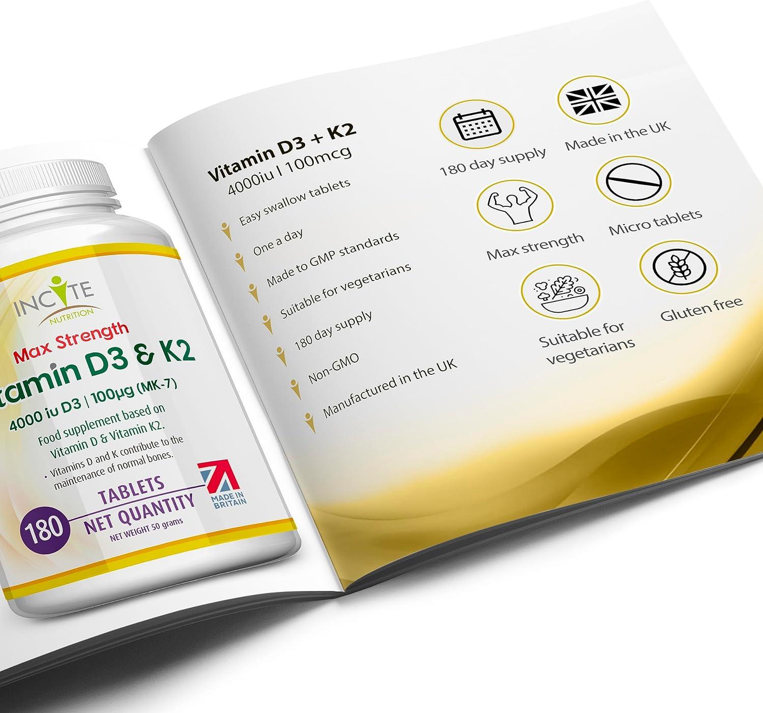 Vitamin D3 K2 (MK7) 100UG - High Strength 4000iu D3 + K2-180 Tablets ...