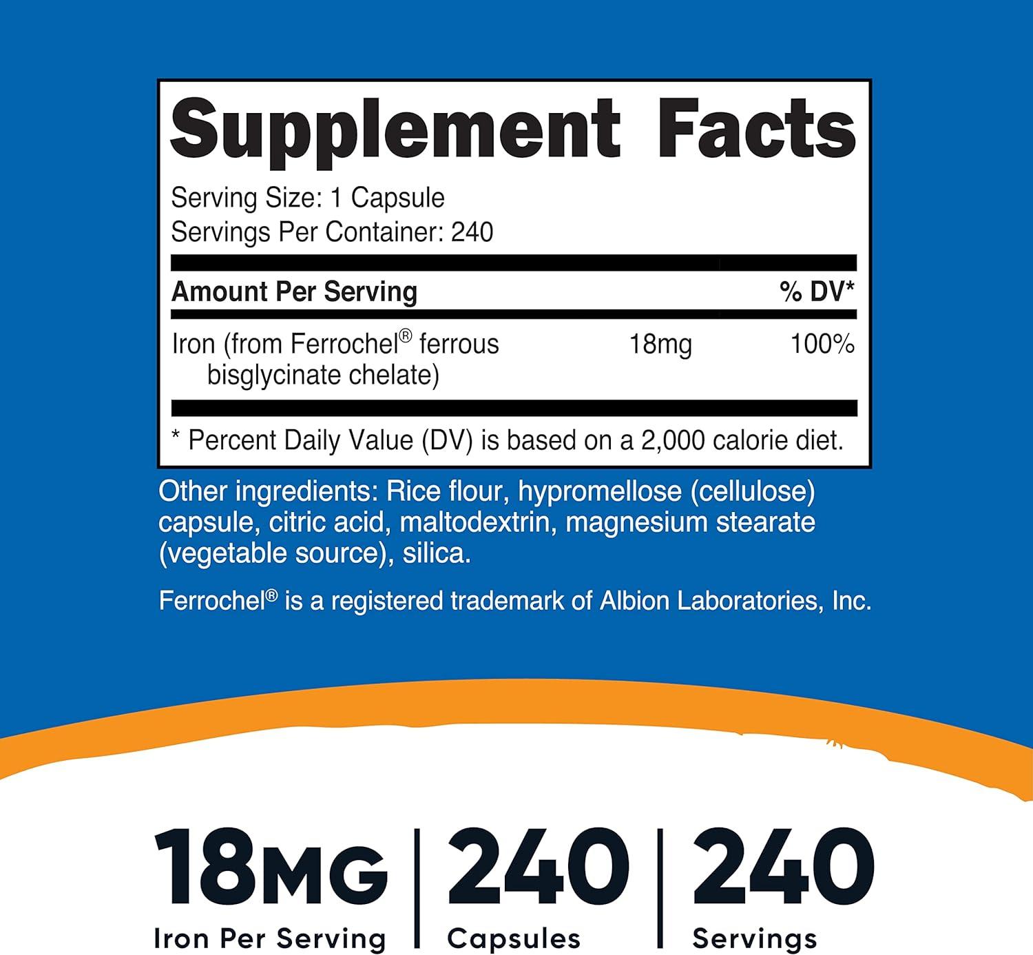 Nutricost Ferrochel Iron Supplement 18mg - 240 Capsules | Non-GMO ...