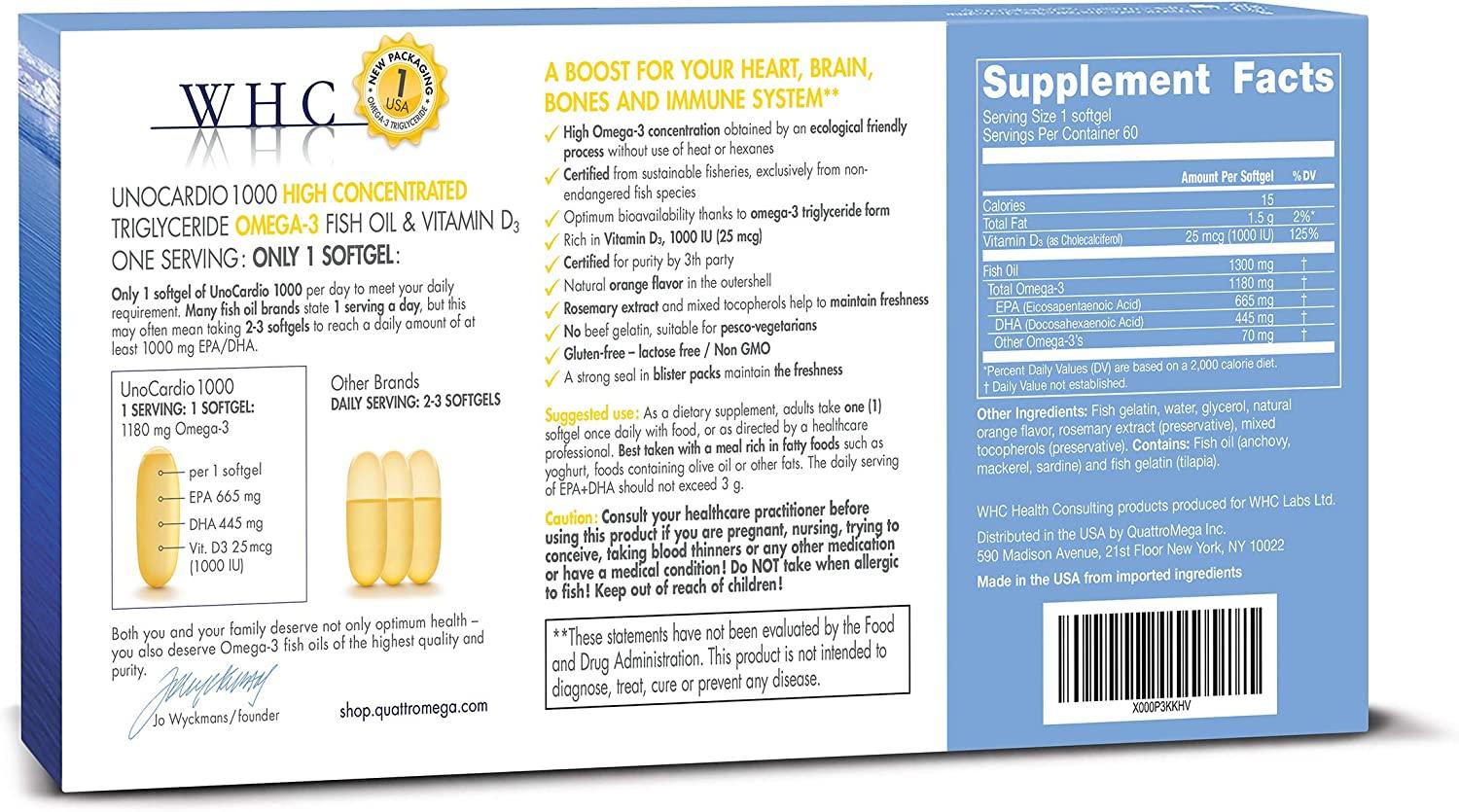 WHC UnoCardio 1000 Fish Oil (60 Softgels) - Pure Triglyceride Omega-3 with EPA, DHA, and Vitamin ...