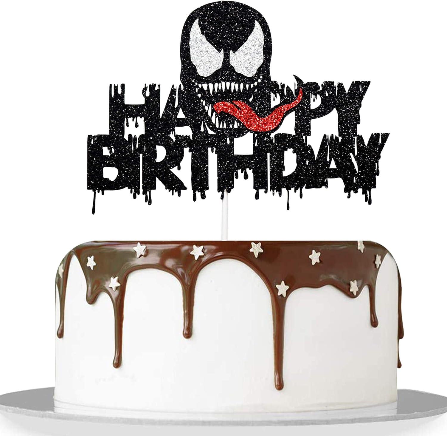Artczlay venom theme cake topper black glitter happy birthday cake ...