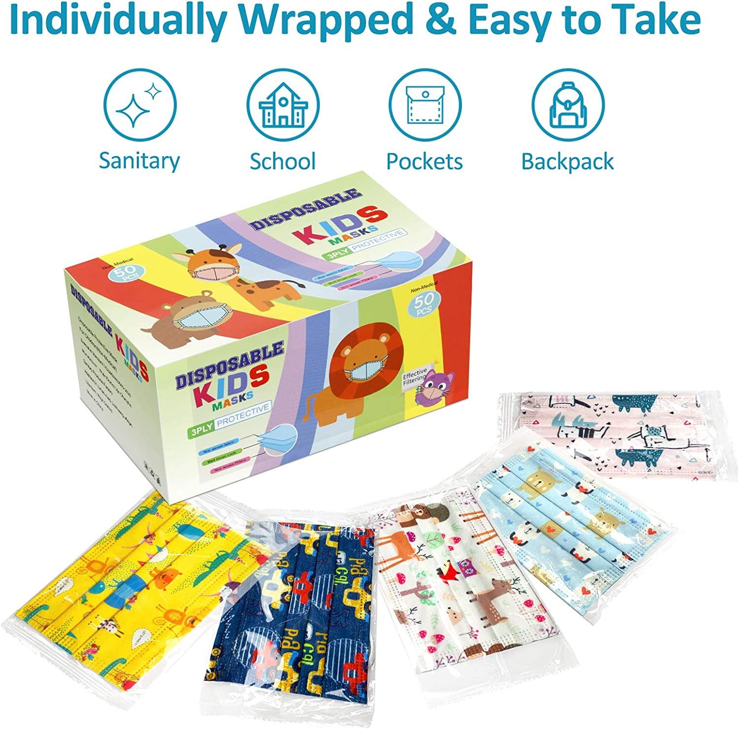 VINMEN Kids Disposable Face Masks - 50 Individually Wrapped Children's ...