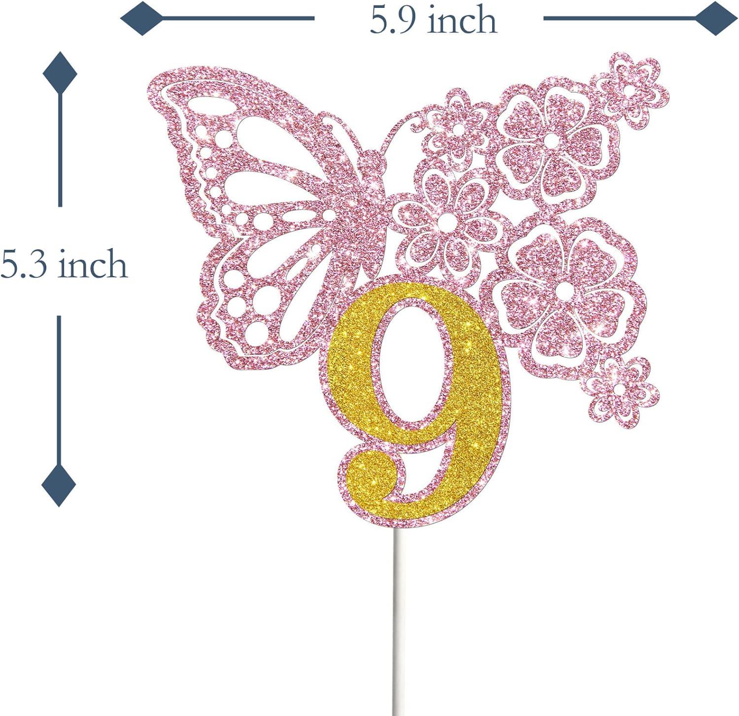 Tenhaisi Pink & Gold 3D Butterfly Flower Sign 9 Cake Topper - Happy 9th ...