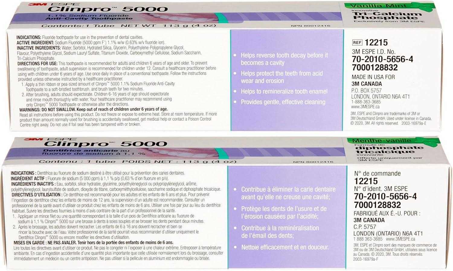 3M Clinpro 5000 Anti-Cavity Toothpaste (1.1% Sodium Fluoride) Vanilla ...