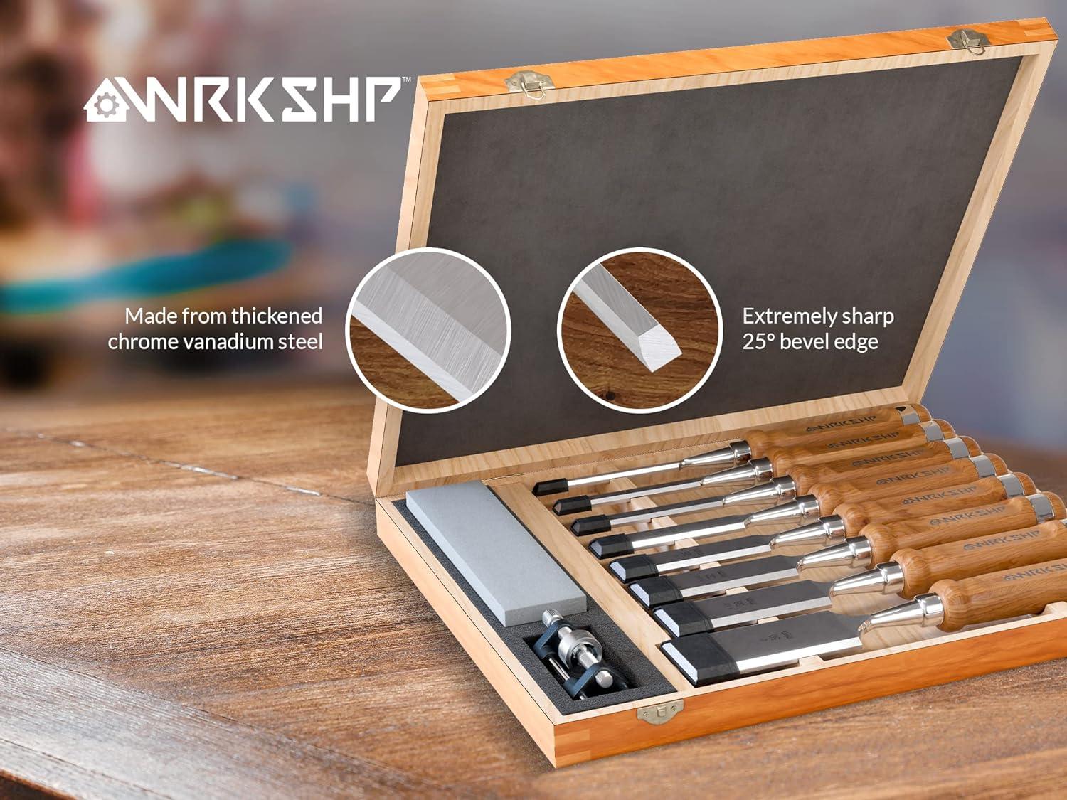 WRKSHP Wood Chisel Set (8 pcs) with Premium Wooden Storage Case ...