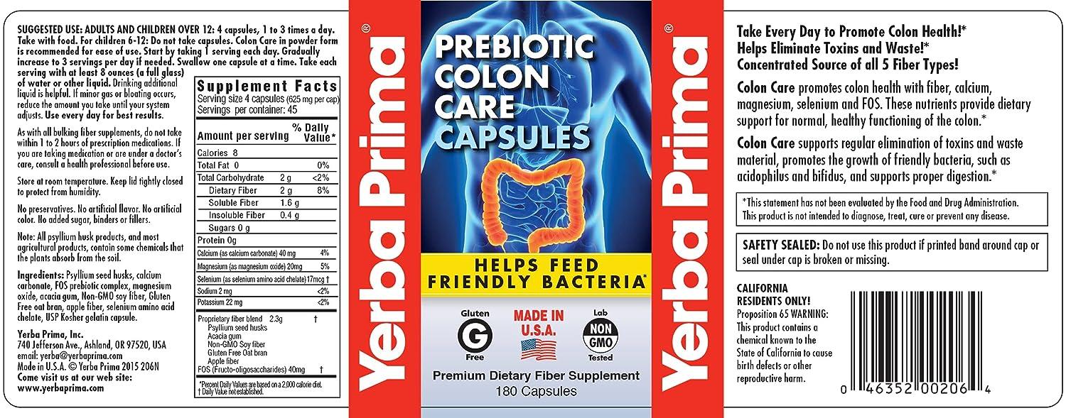 Yerba Prima Prebiotics Colon Care Fiber Caps 180 Capsules - Dietary ...