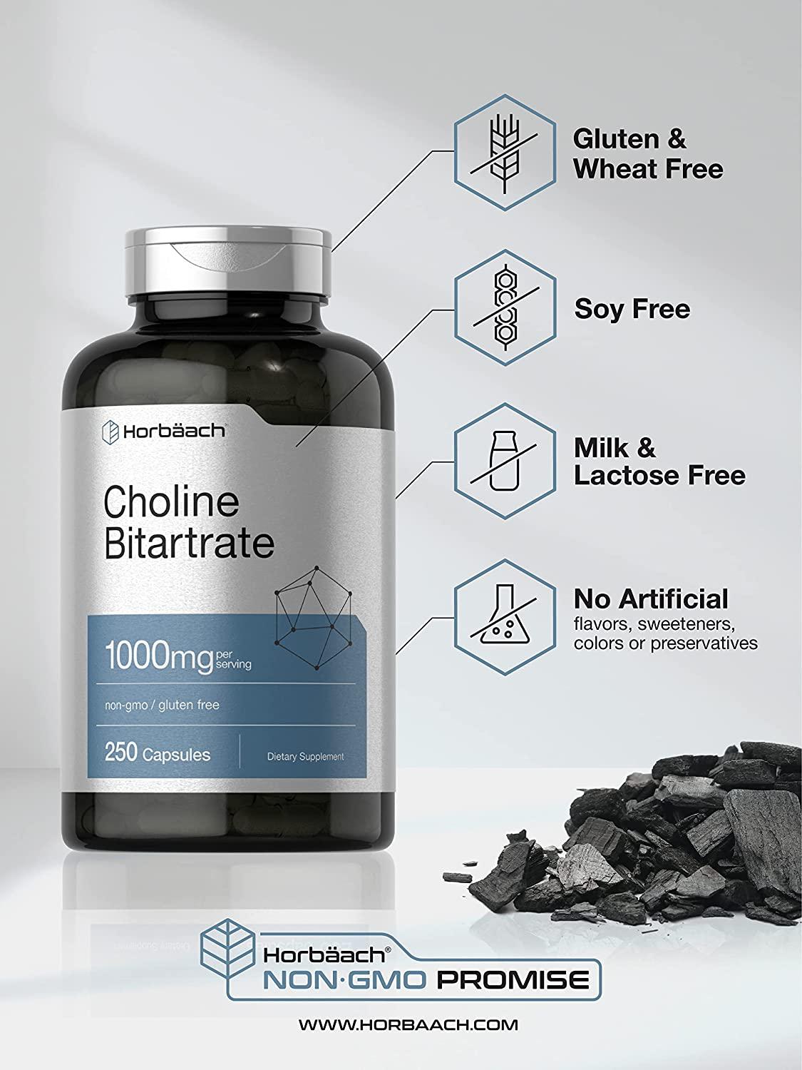 Choline Bitartrate 1000mg | 250 Capsules | High Potency Non-GMO Gluten ...