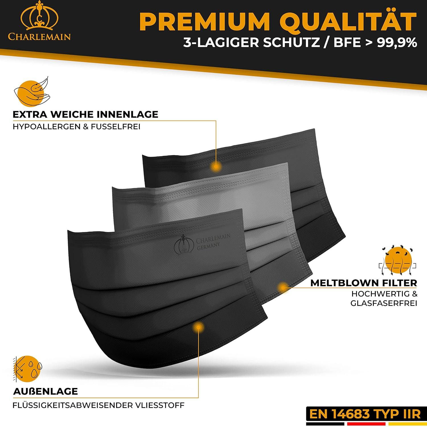 Charlemain 150x Black Medical Face Masks - EN 14683 Type IIR CE ...