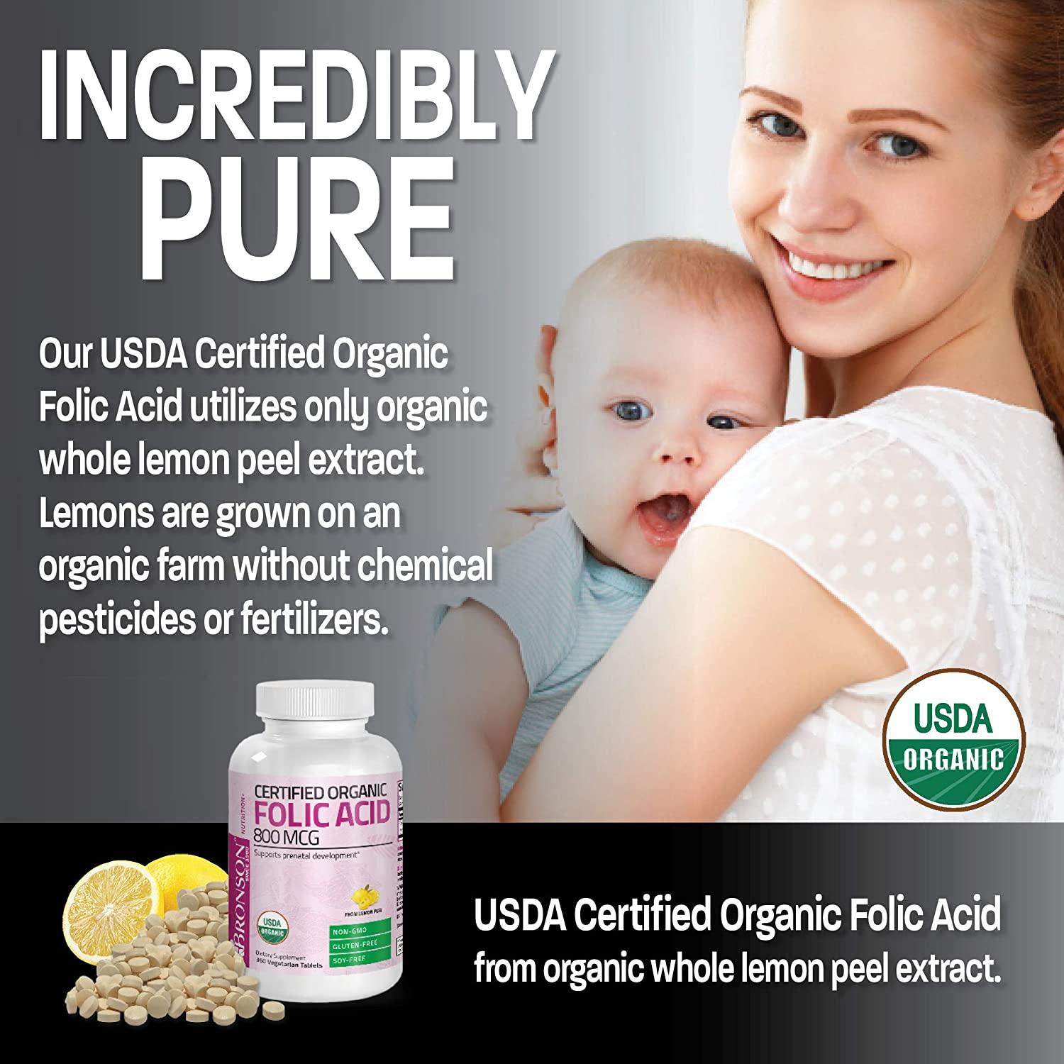 Bronson Organic Folic Acid 800mcg - Natural Folate from Lemon Peel ...