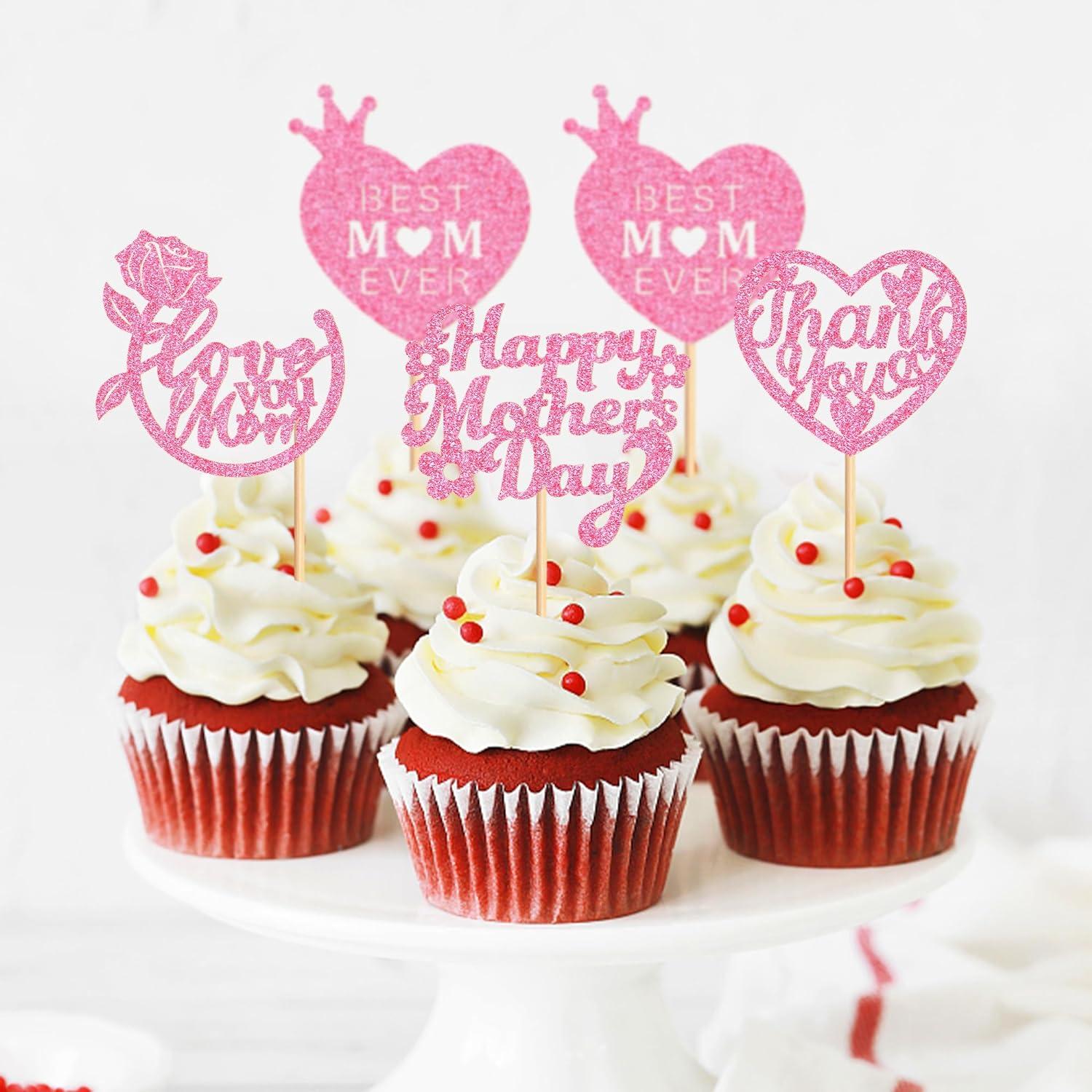Cyodoos 24 Pcs Happy Mothers Day Cupcake Toppers Glitter Cake Toppers ...