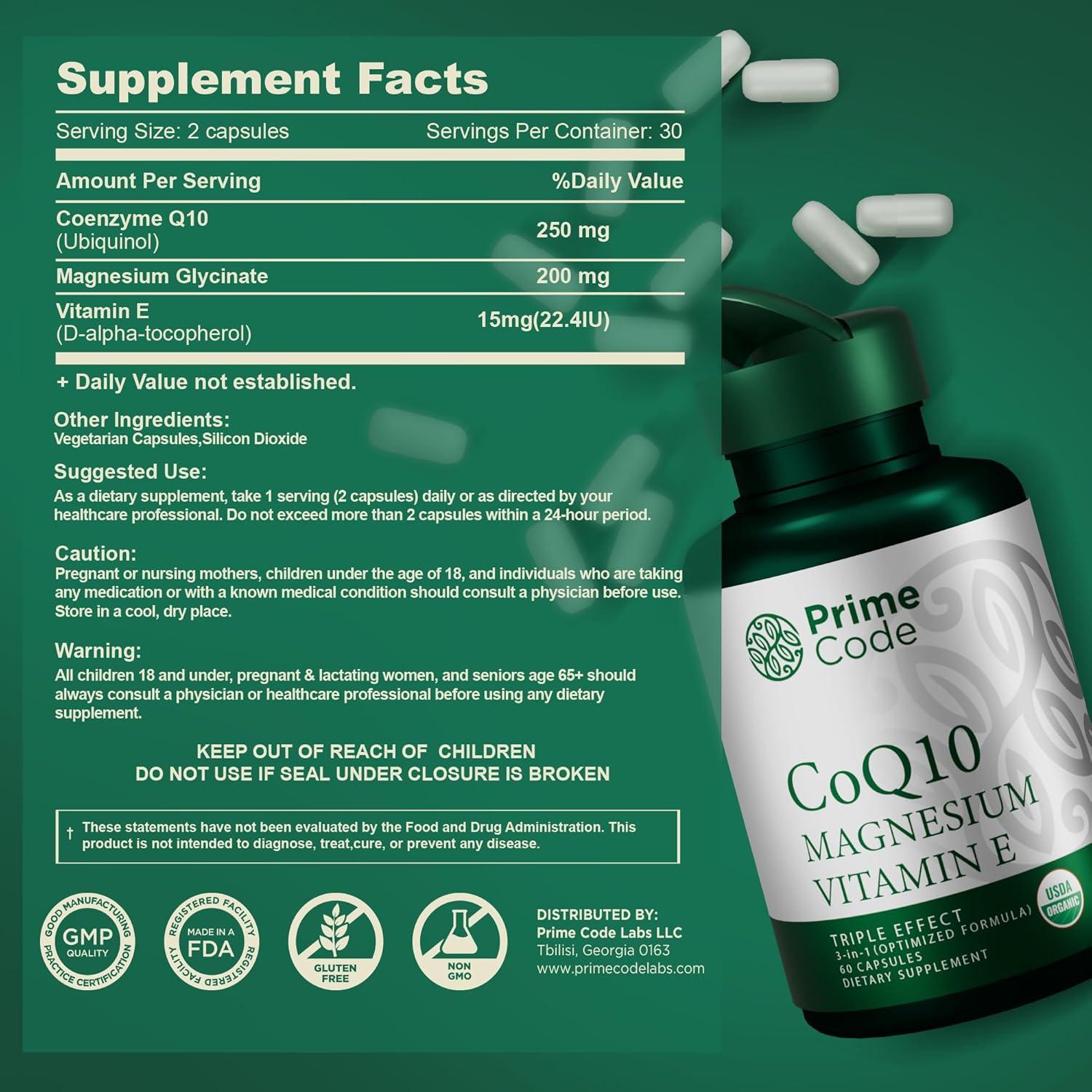 Buy Prime Code 3-in-1 CoQ10 250mg with Magnesium Glycinate & Vitamin E ...