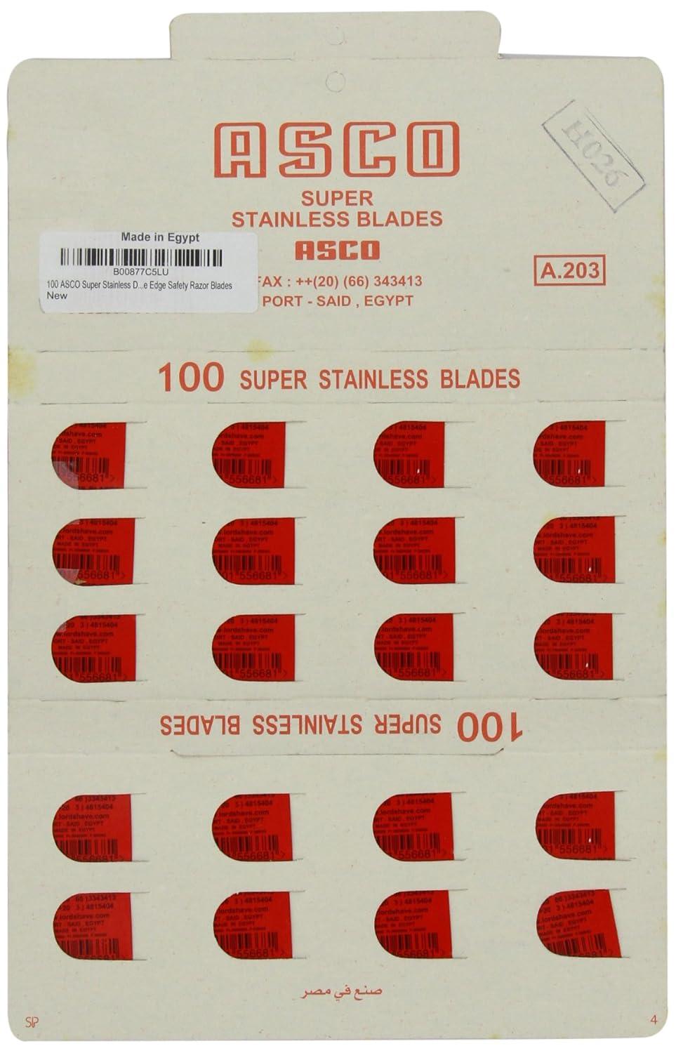 Buy 100 ASCO Super Stainless Double Edge Safety Razor Blades - Premium ...