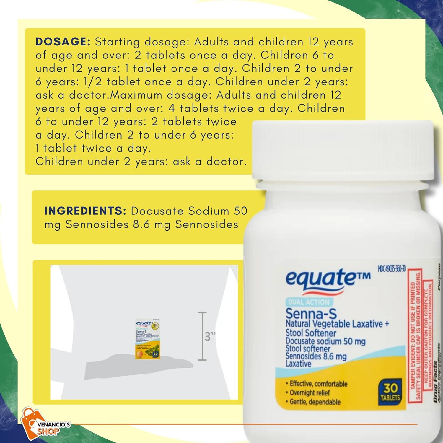 Equate Dual Action Senna-S Natural Laxative & Stool Softener Tablets ...
