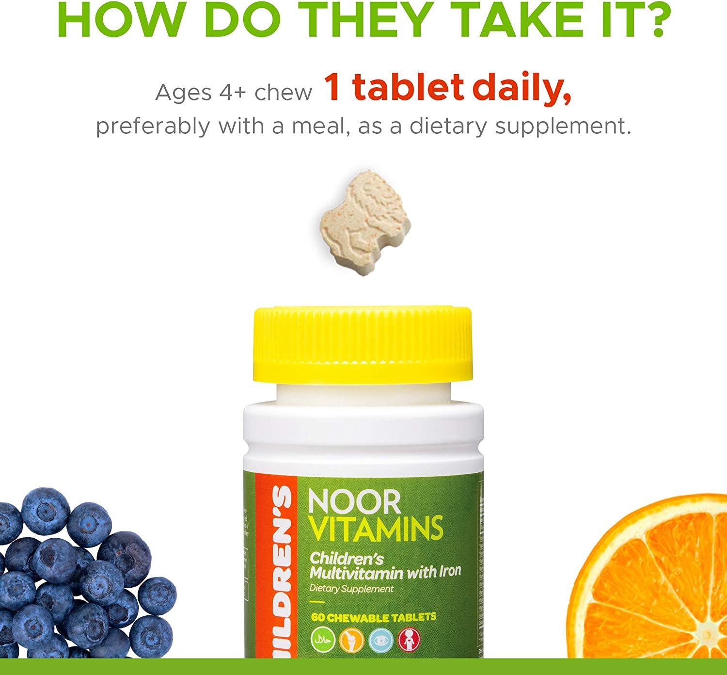Noor Vitamins Kids Chewable Multivitamin with Iron - 60 Count - Halal ...