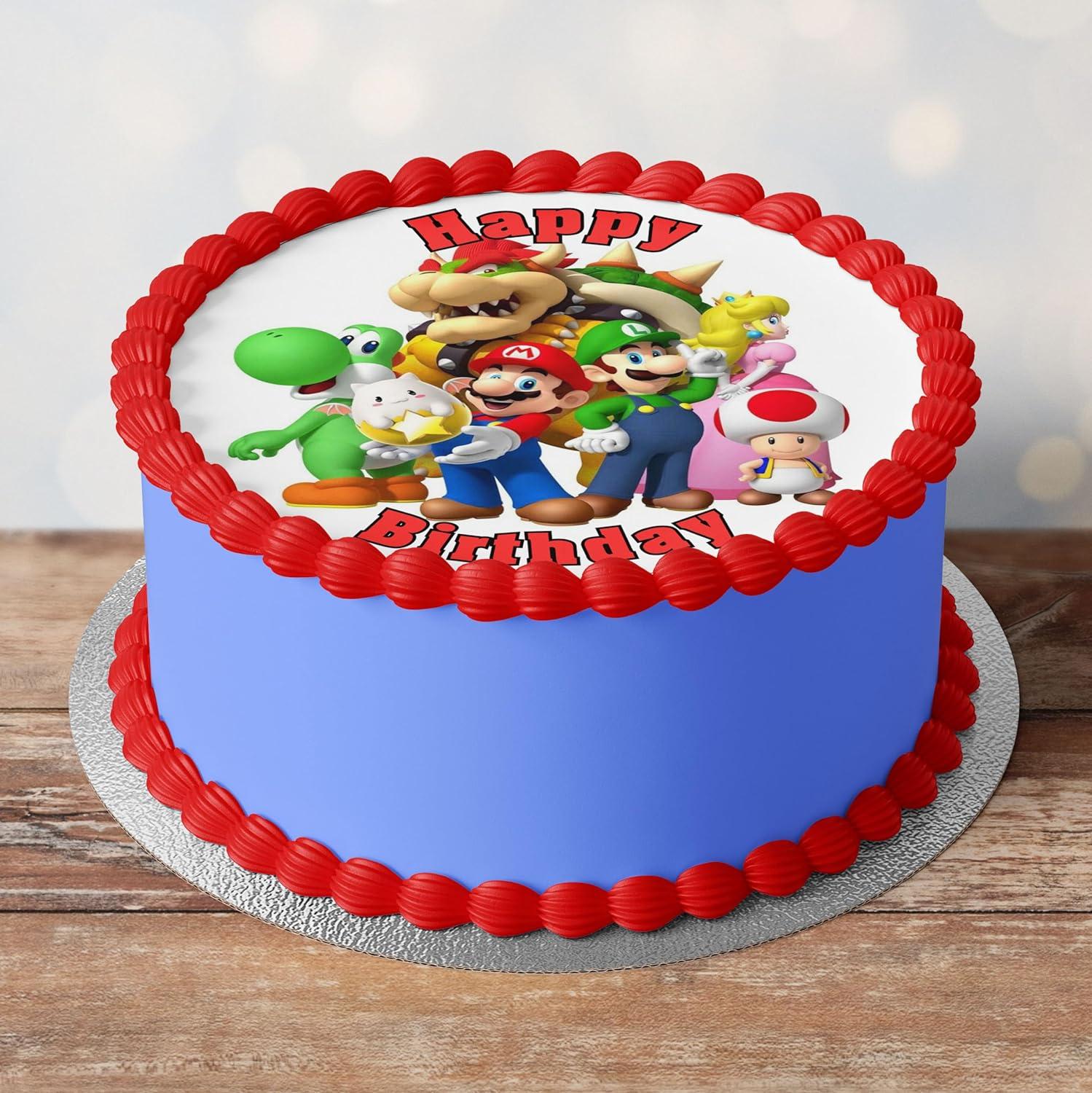 Mario Style Theme Pre Cut Edible Icing Cake Topper 8 Inch Round Cake ...